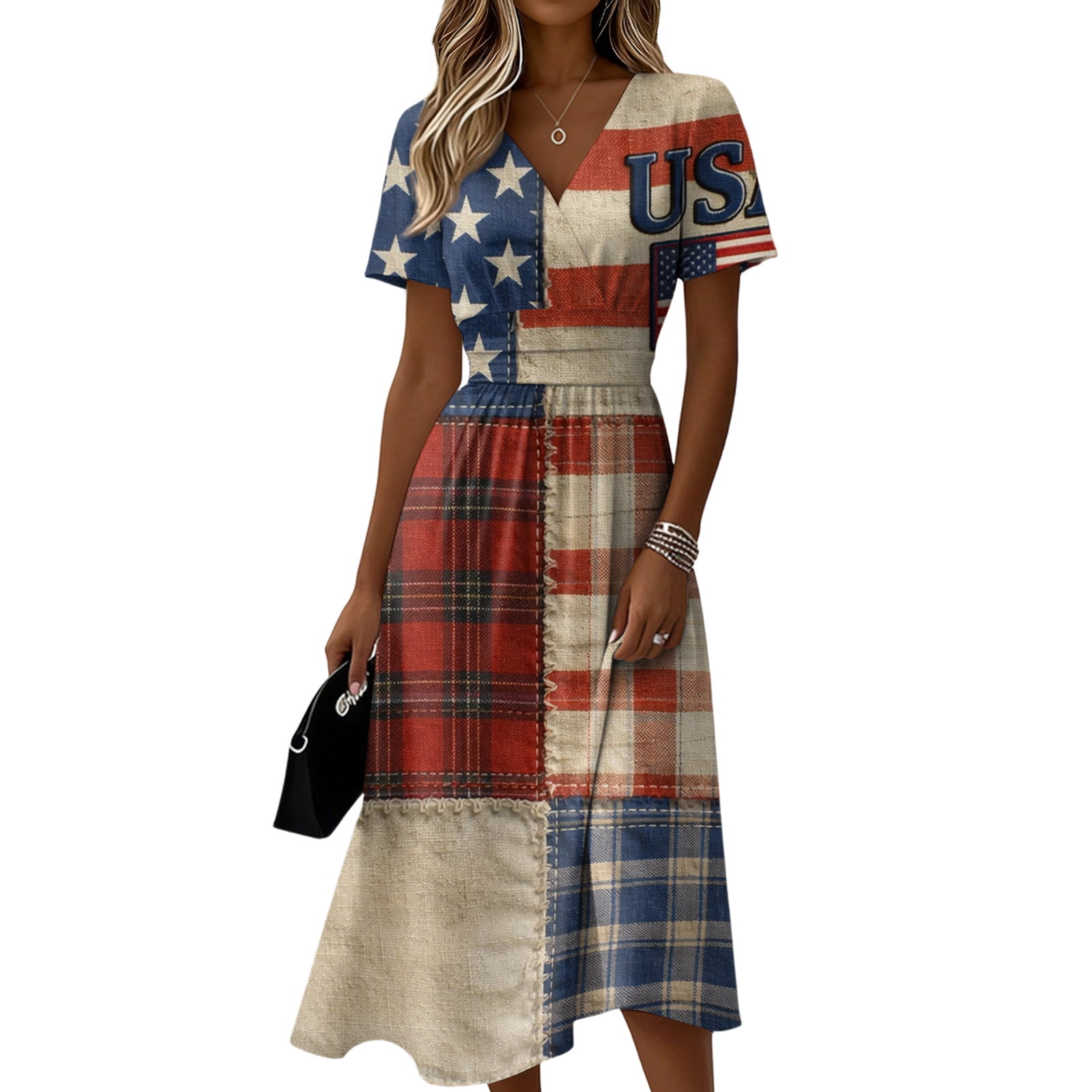 Youpwaven 250th Anniversary USA Vintage Dress, Retro Patriotic V-Neck ...