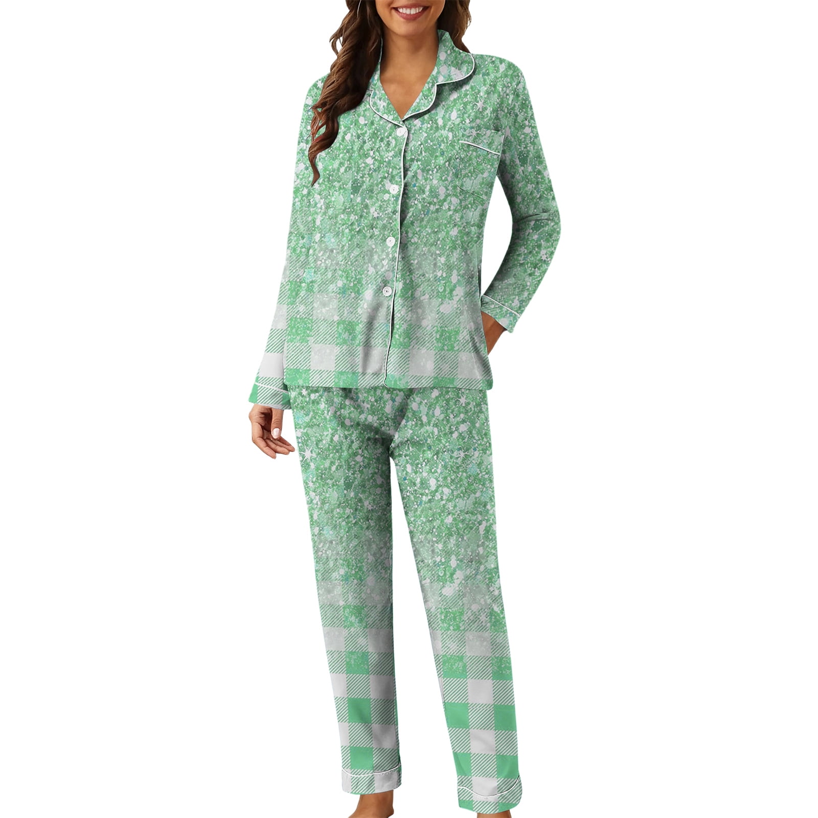Youpwaven Women's Sequin & Plaid Print Button Down Matching Pajamas ...