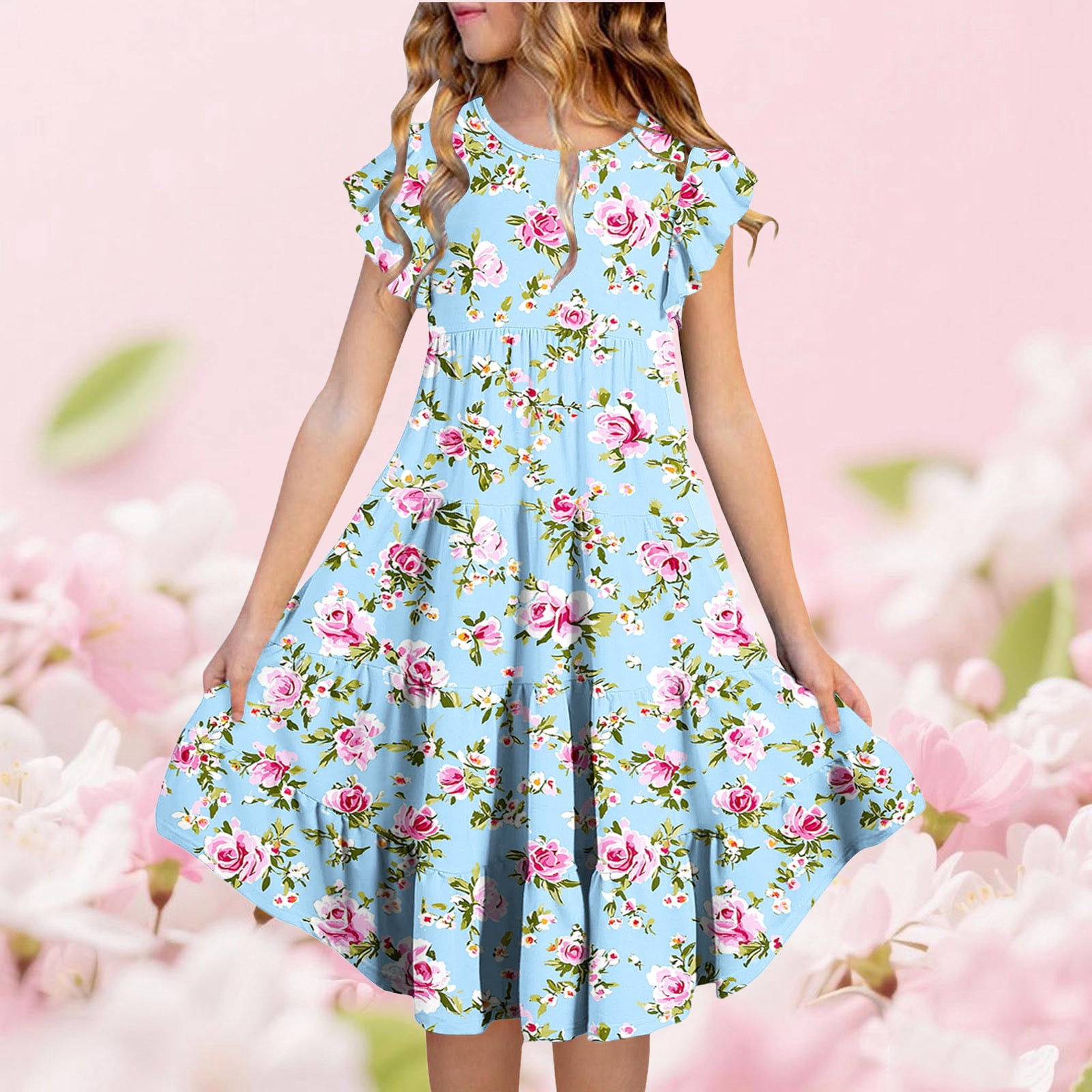 [Your Brand Name] Girls Floral Print Dress with Ruffle Sleeves & Tiered ...