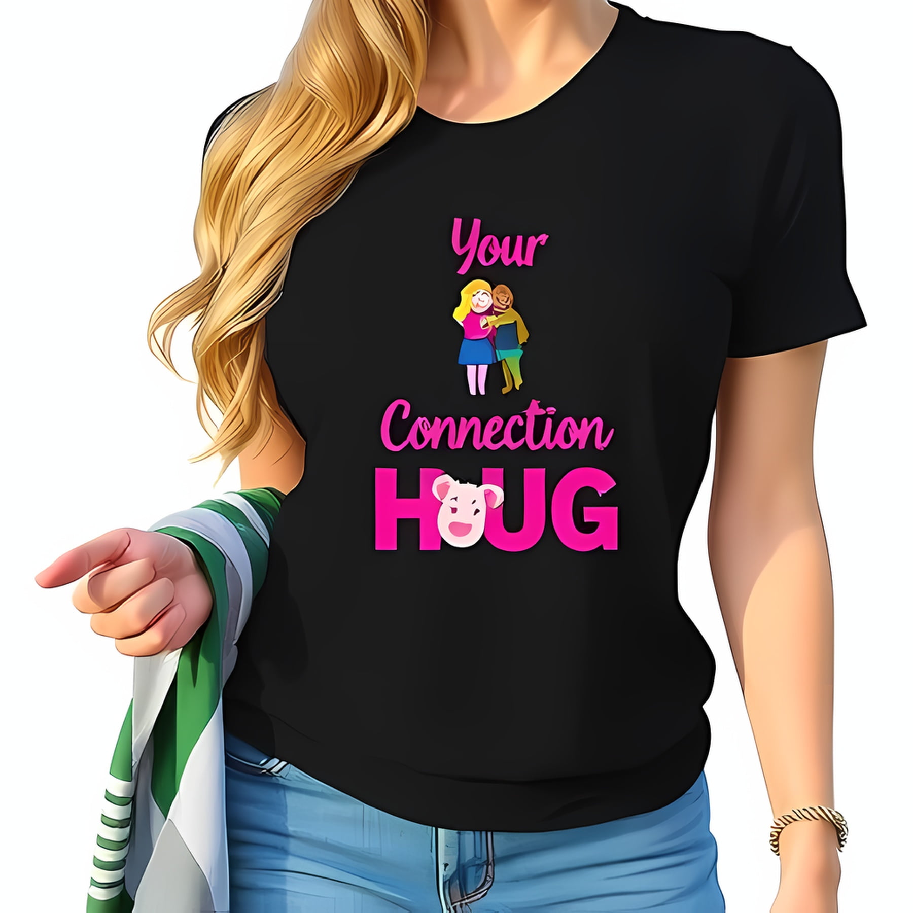 Your Connection HUG Graphic T-Shirt - Playful Pink Font with Cartoon ...
