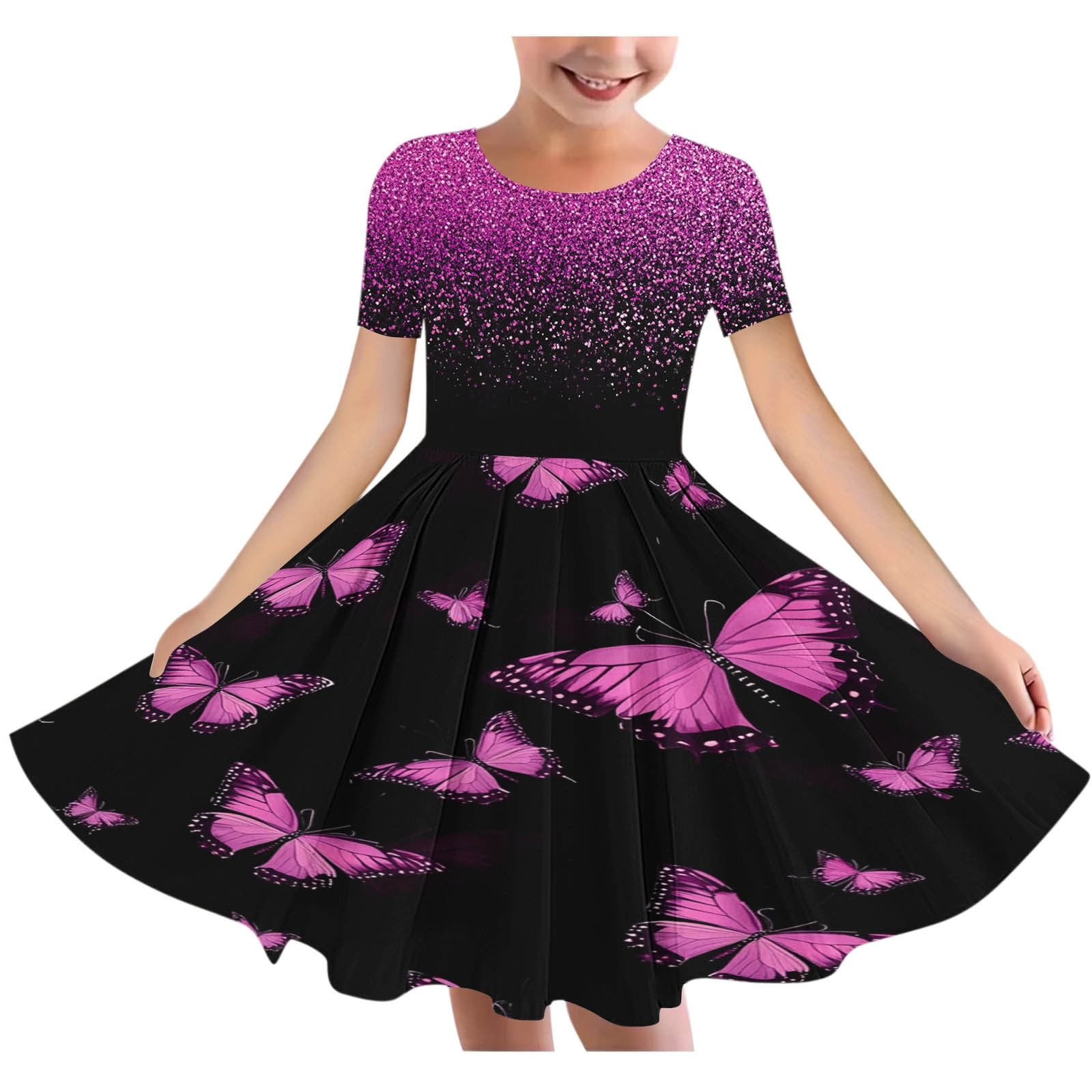 Your-Sty Girls Stretchy A-Line Skater Dress Short Sleeve Round Neck ...