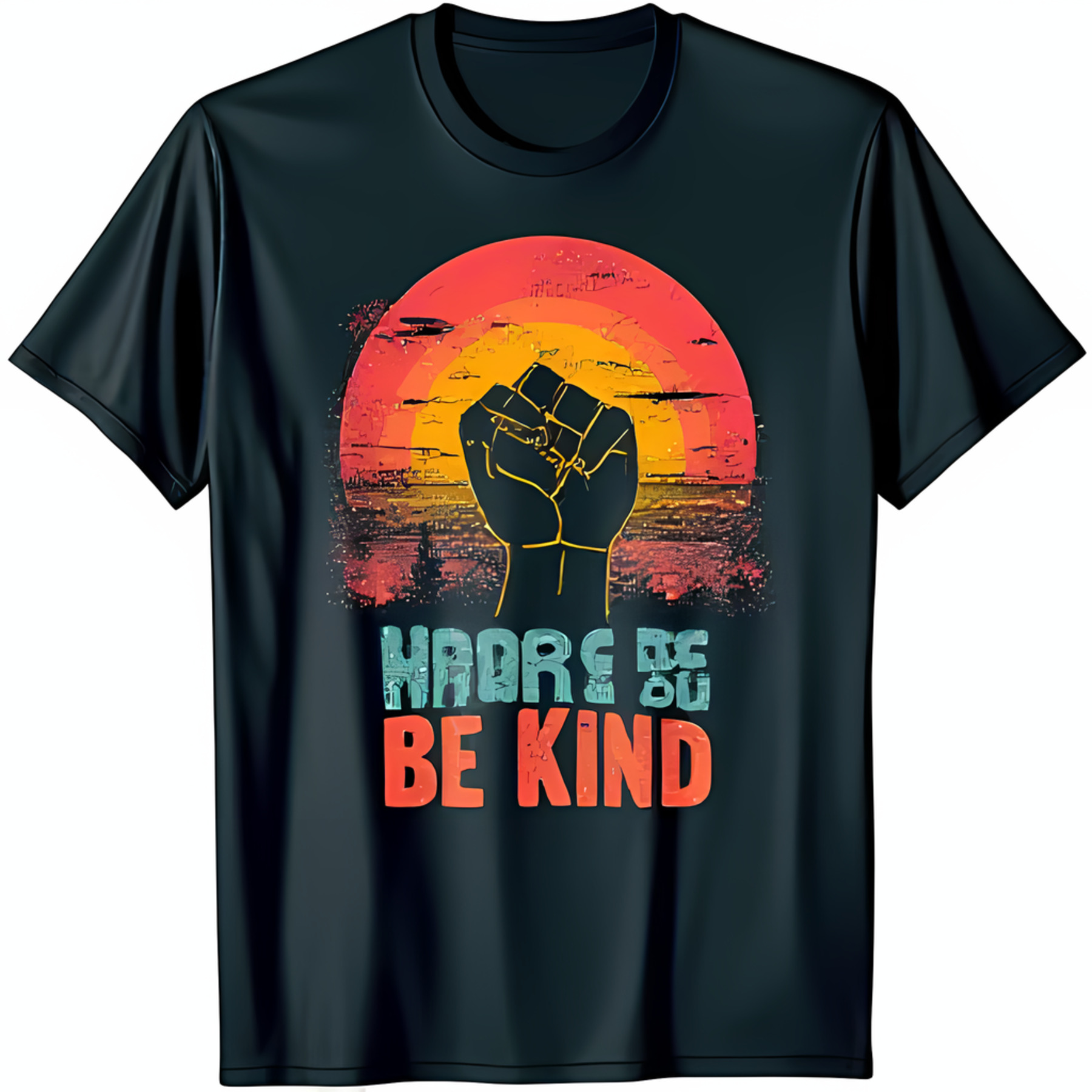 Your Style: Black T-Shirt with Bold Fist Graphic & Retro Sunset HARDER ...