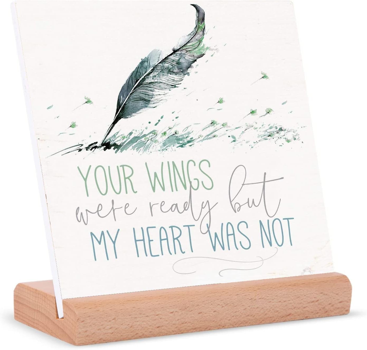 Your Wings were Ready Green Feather Ceramic Table Plaque with Wooden ...