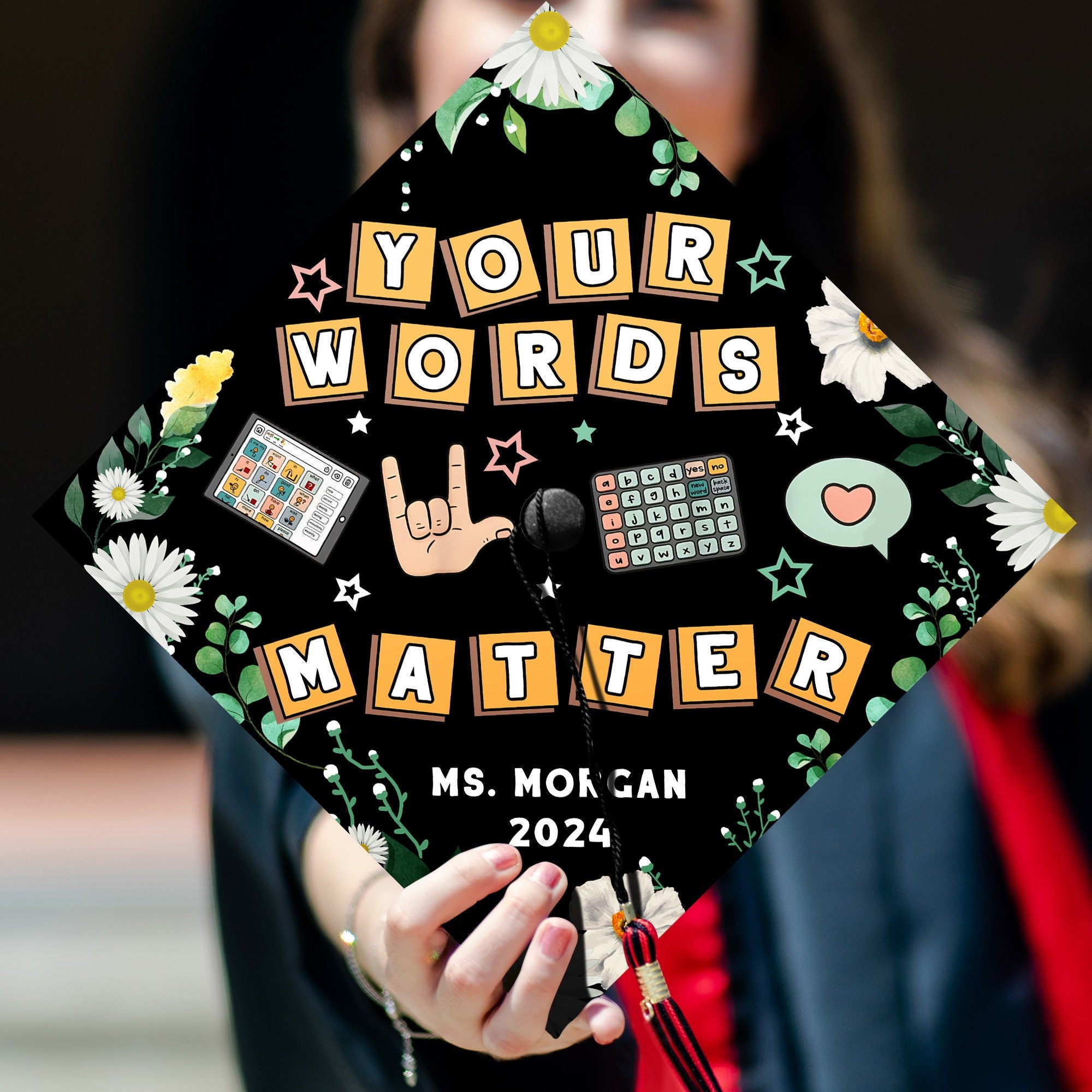 Your Words Matter Printed Graduation Cap, AAC SPED Teacher Inclusion ...