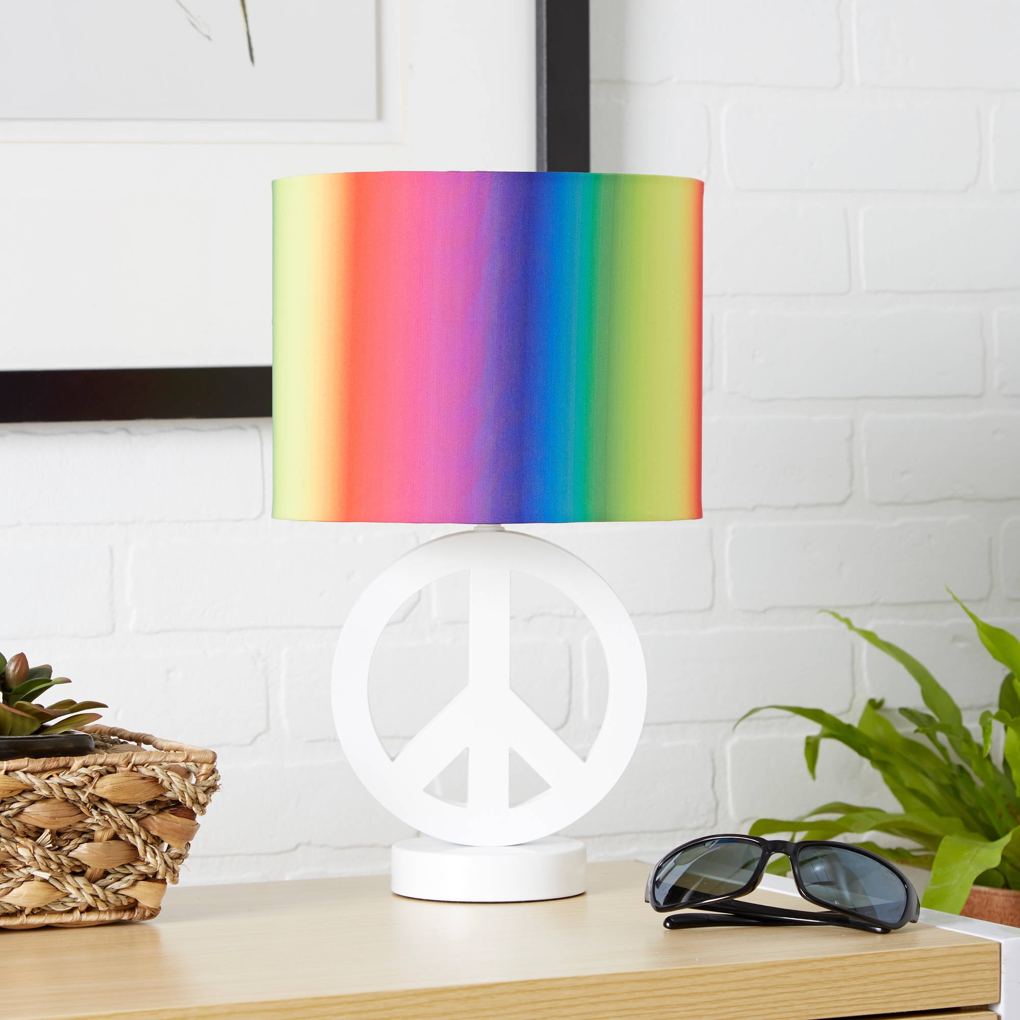 Your Zone 15 Inch Peace Lamp Shade & White Base Small Desk Lamp For ...
