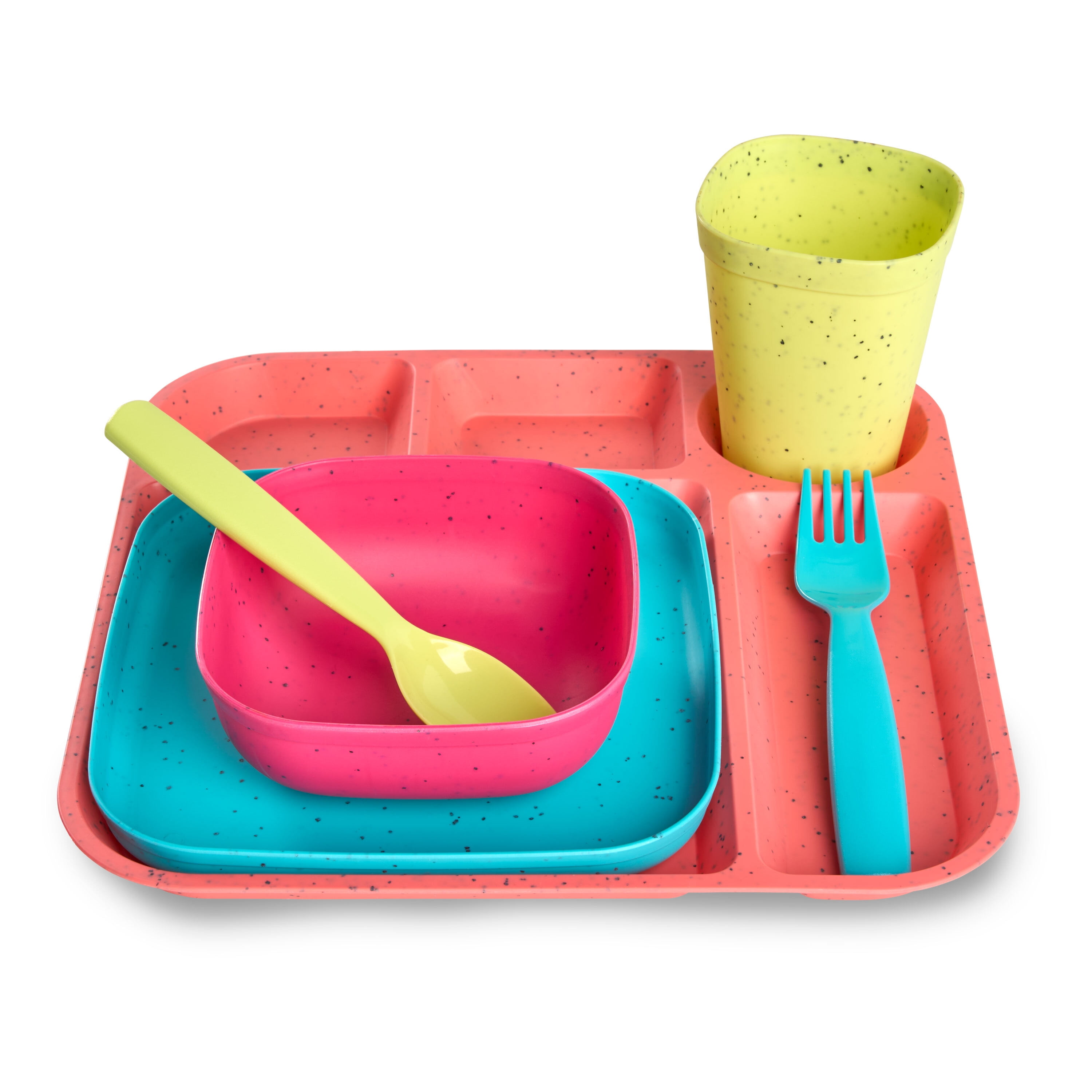 Your Zone 24-Piece Plastic Kids Dinnerware Set with Trays, Plates ...