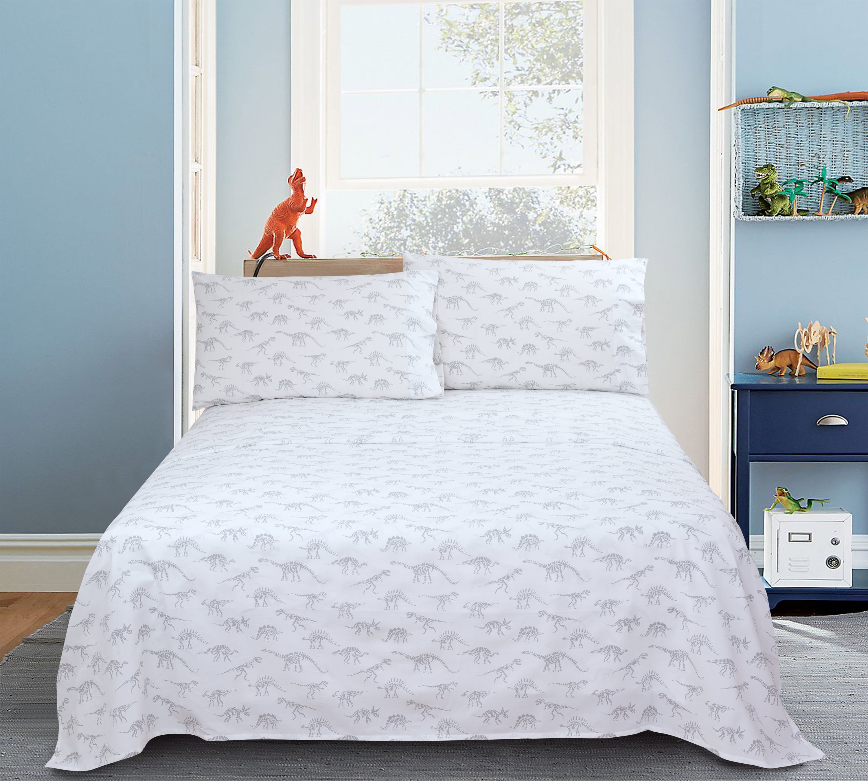 Your Zone Cotton Percale 220 Thread Count Sheet Set, Gray Dinosaur ...