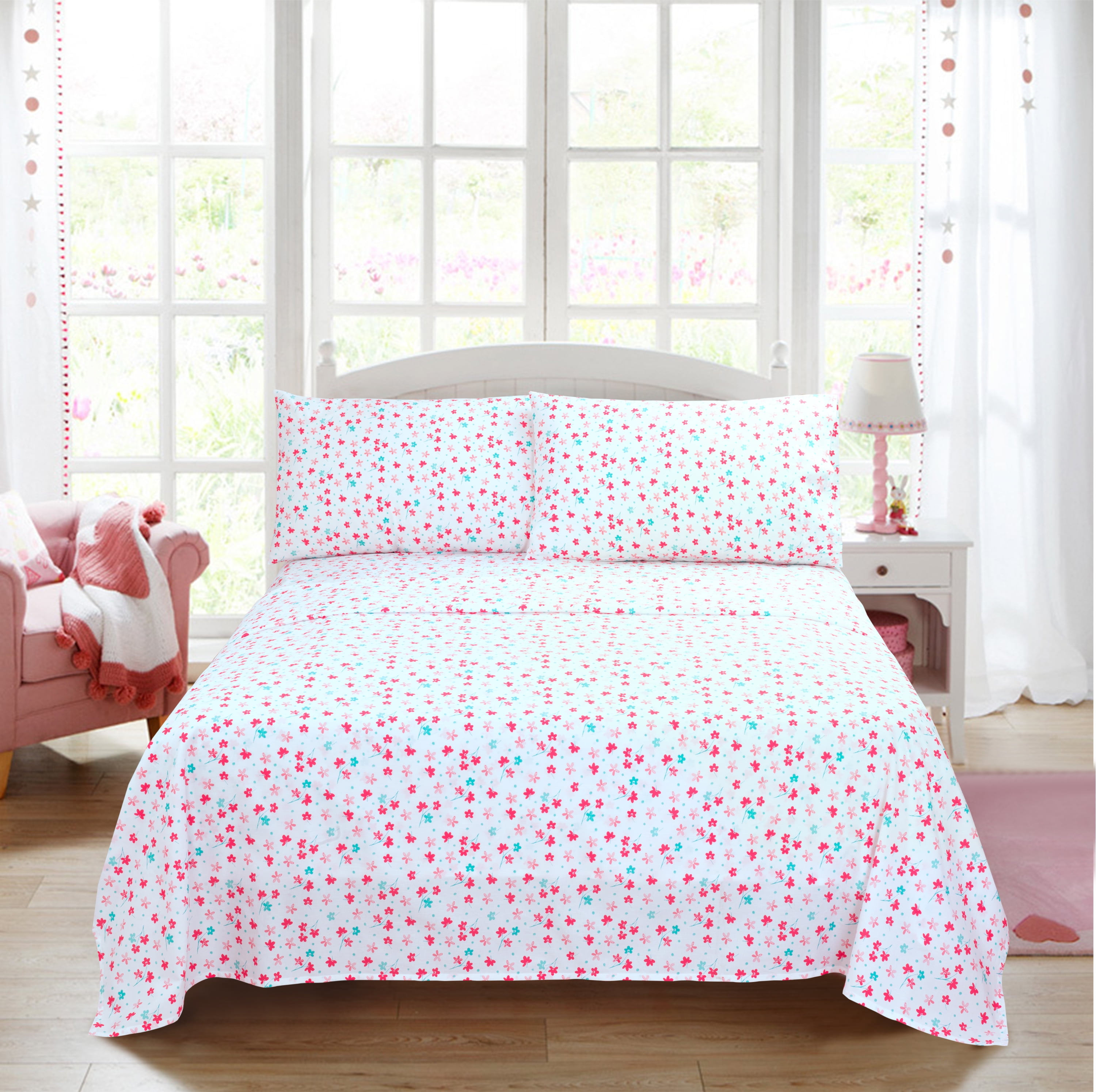 Your Zone Cotton Percale 220 Thread Count Sheet Set, White Floral Print ...