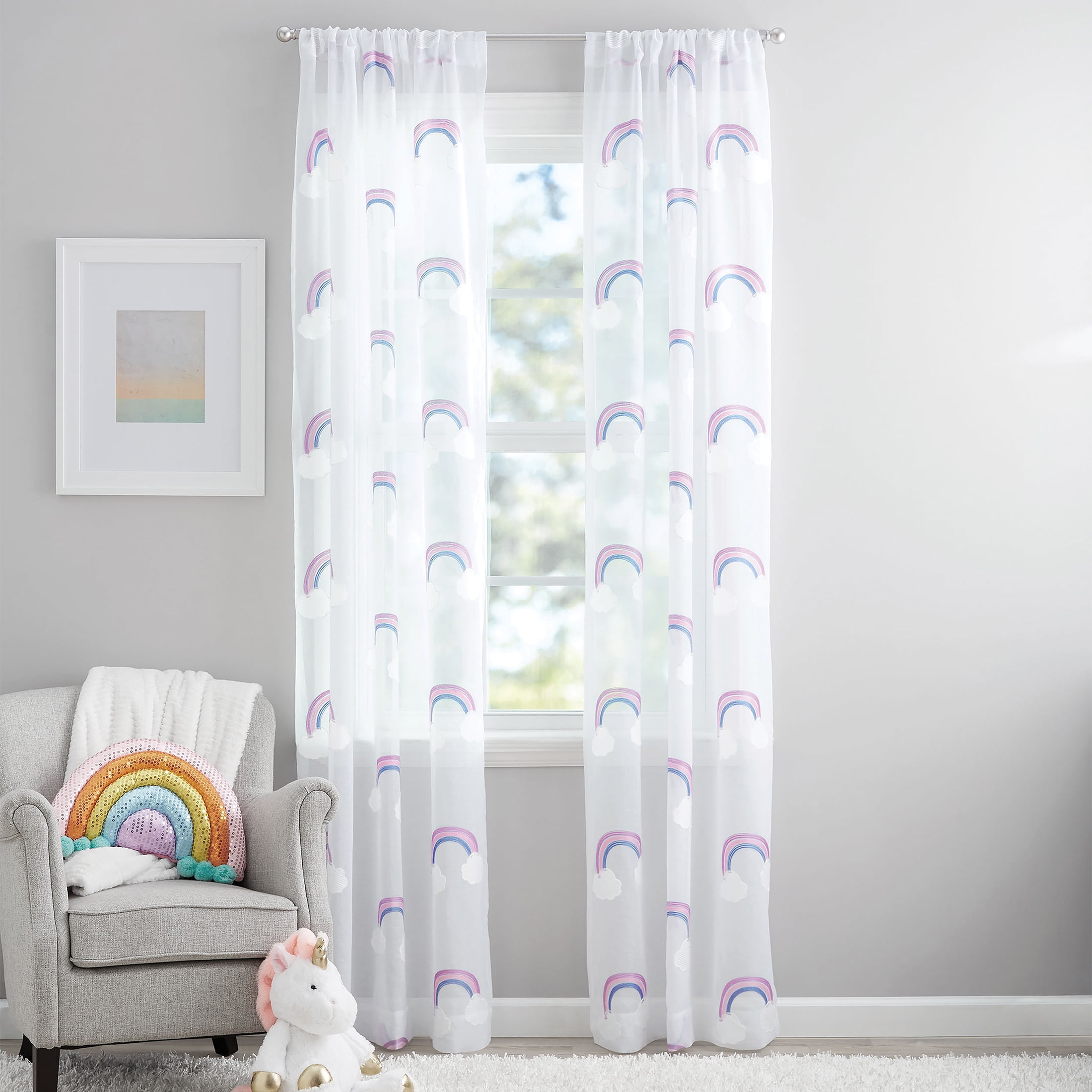 Your Zone Embroidered Rainbow Rod Pocket Sheer Single Curtain Panel ...