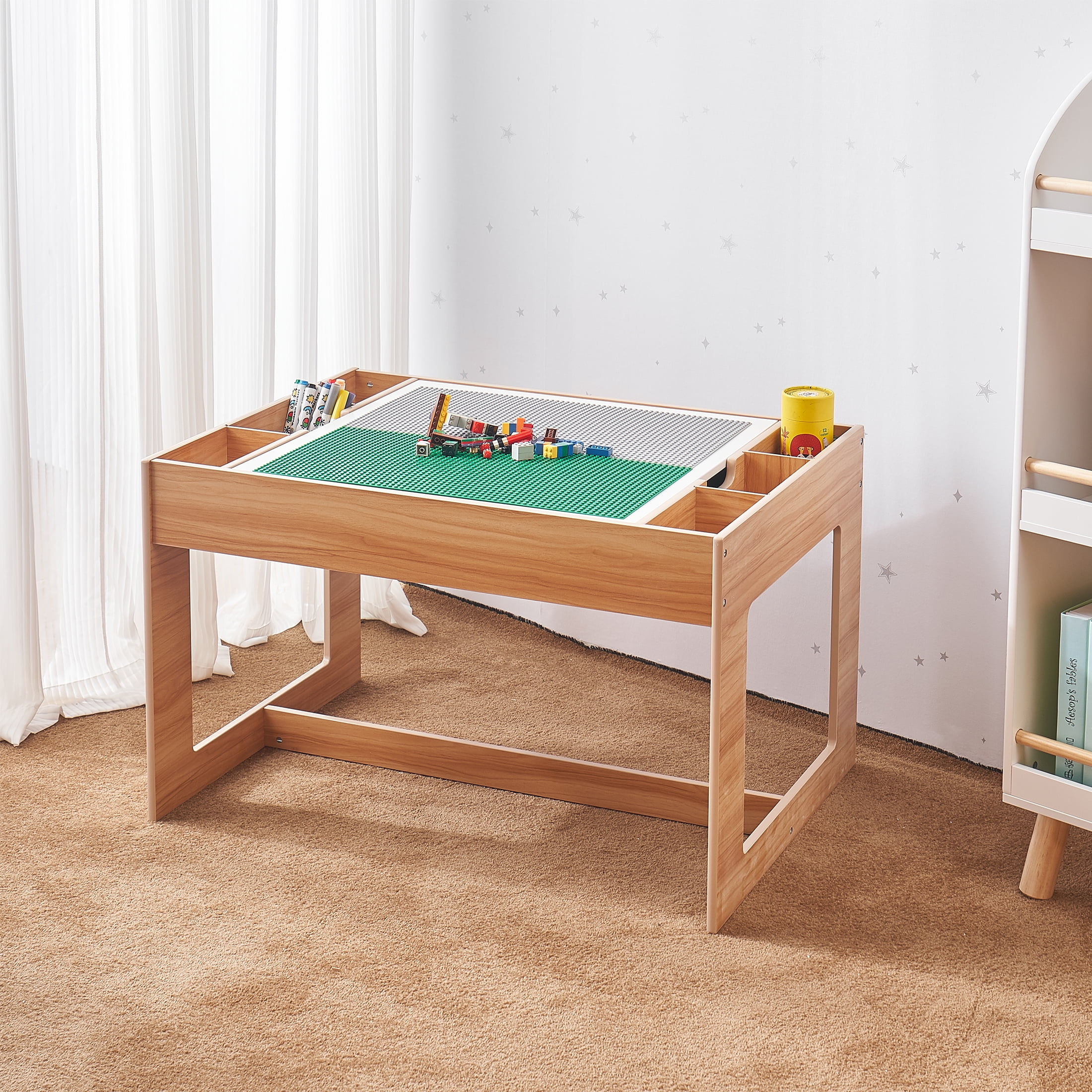 Your Zone Kids 2 in 1 Building Block Storage Play Table, Natural, Age 3 ...