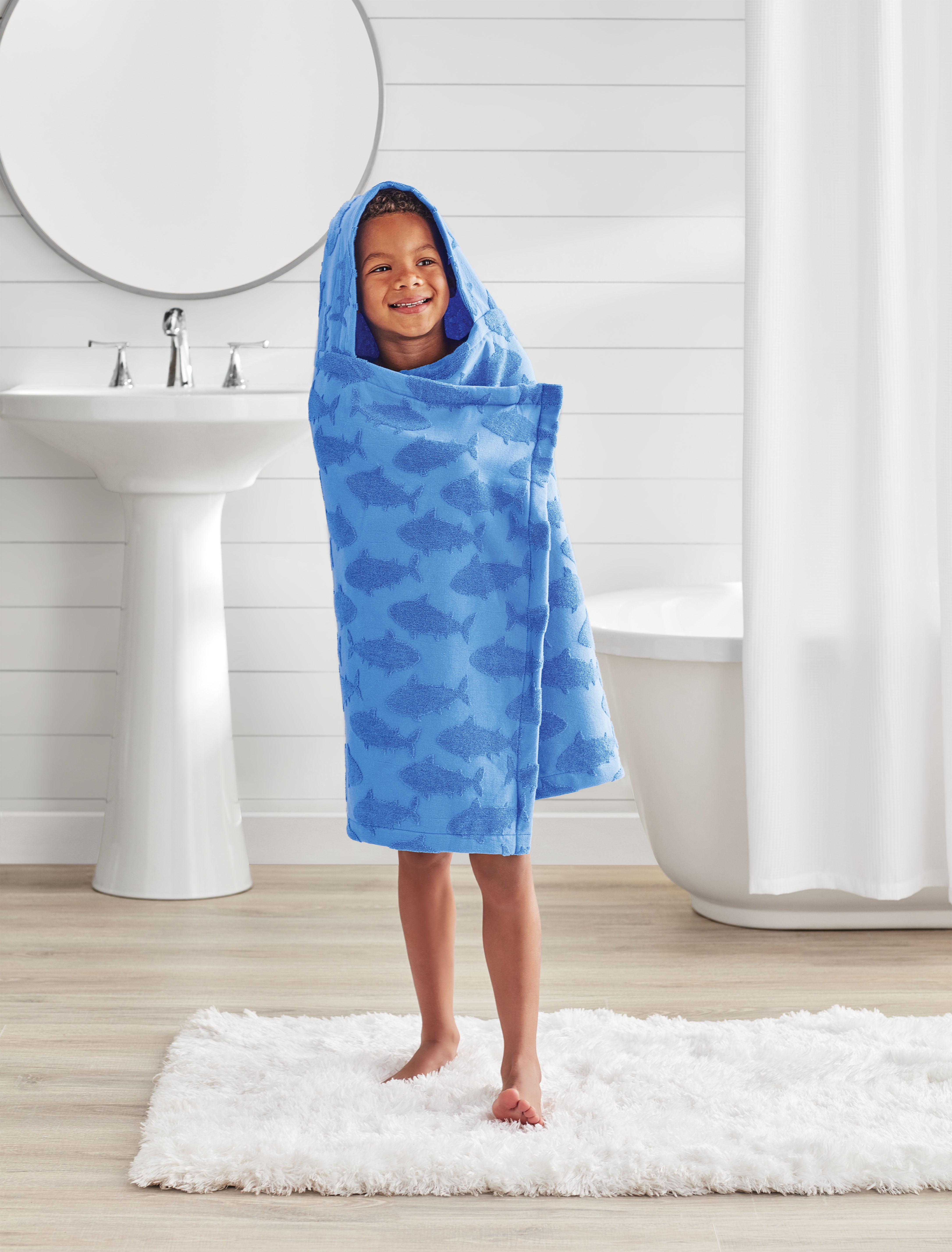 Your Zone Kids Blue Shark Cotton Hooded Towel for Ages 2-6 with Shark ...