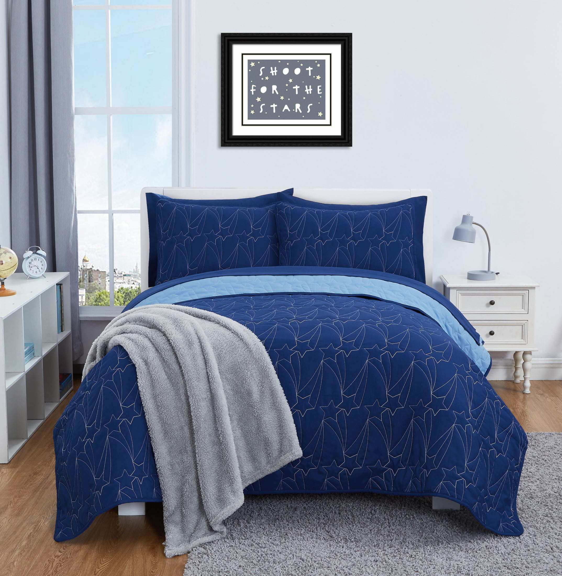 Free Shipping! Your Zone Kids Reversible Quilt Set with Sheets Stars Navy Blue Bright Blue Full ...
