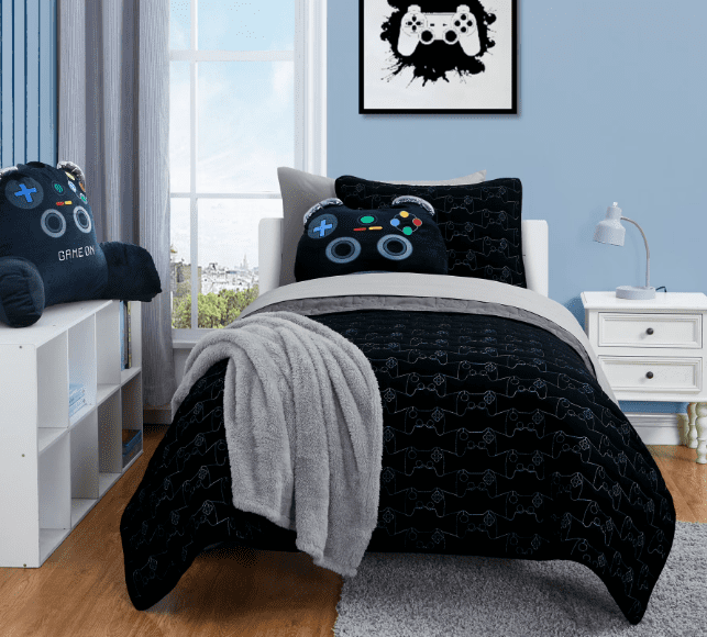 Your Zone Kids Twin 5-Piece Gamer Quilt Set, Black & Gray Reversible ...