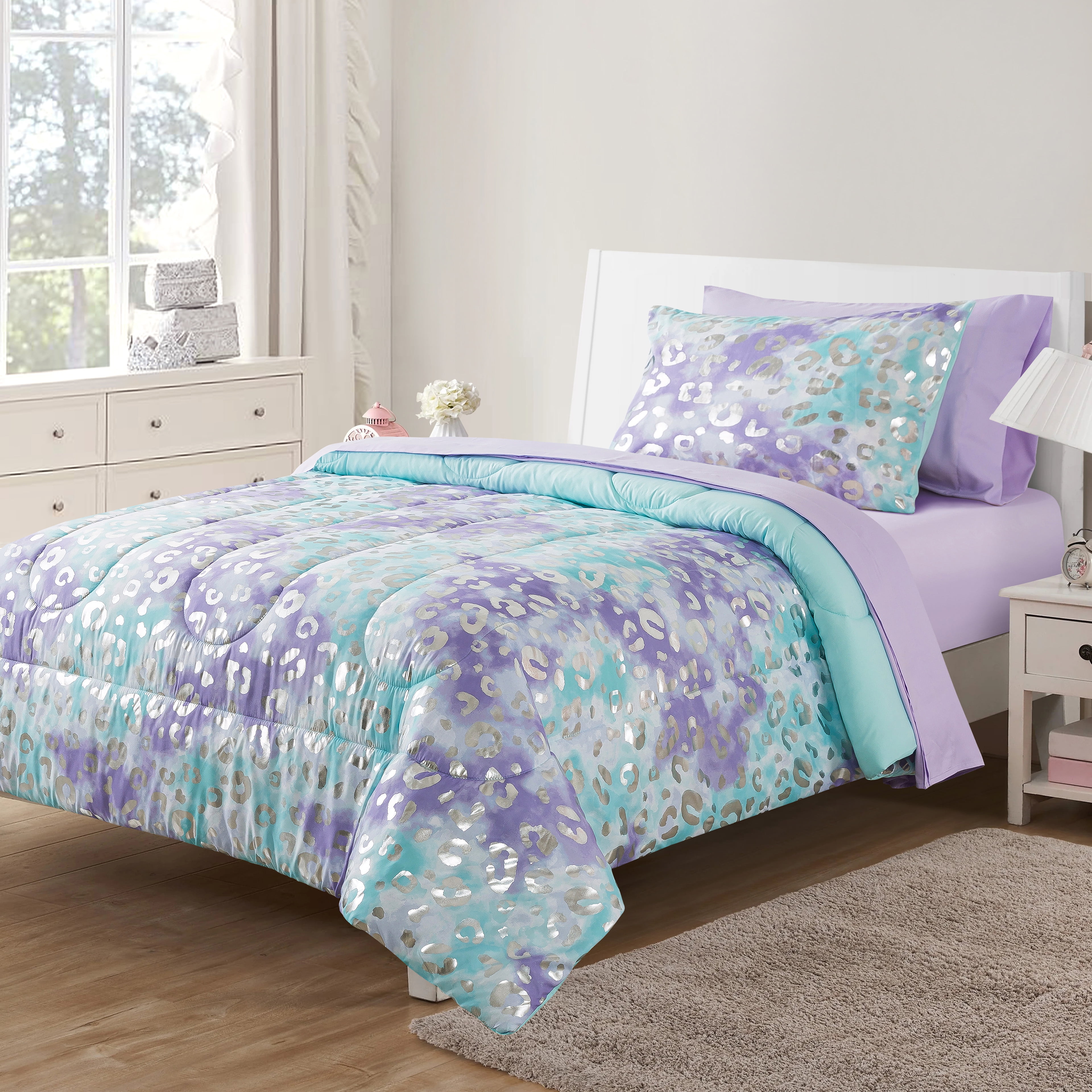 Your Zone 5-Piece Purple Metallic Foil Cheetah Bedding Set for Kids ...