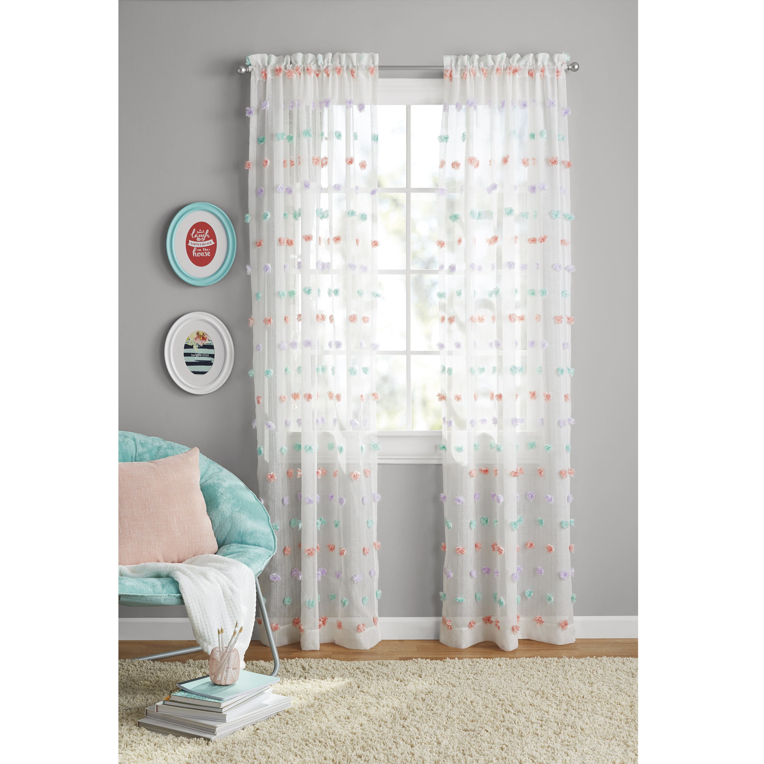 Your Zone Pom Pom Girls Bedroom Single Curtain Panel, 38" W x 84"L ...