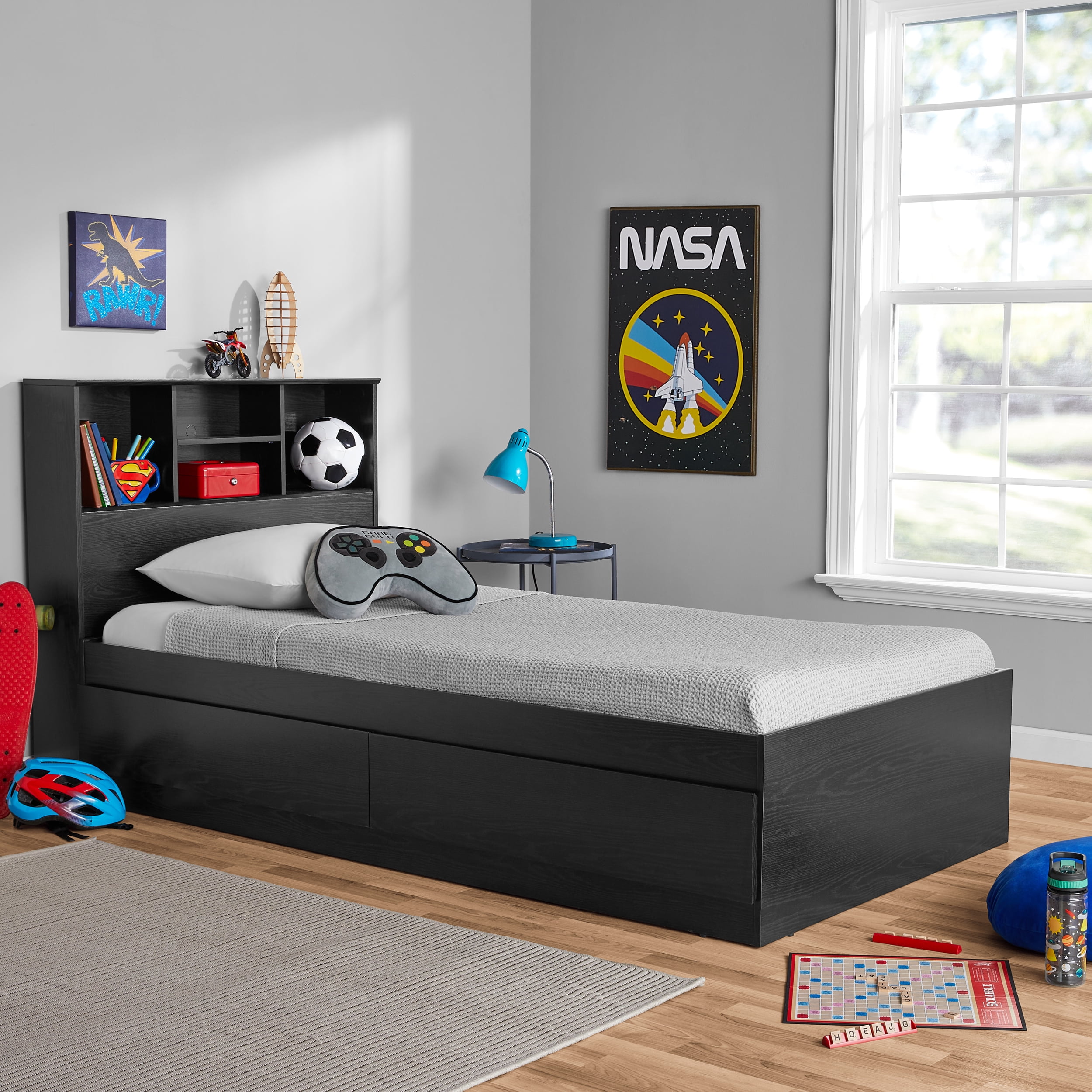 Your Zone Twin Storage Bed with Adjustable Bookcase Headboard Two Drawers Bourbon Finish