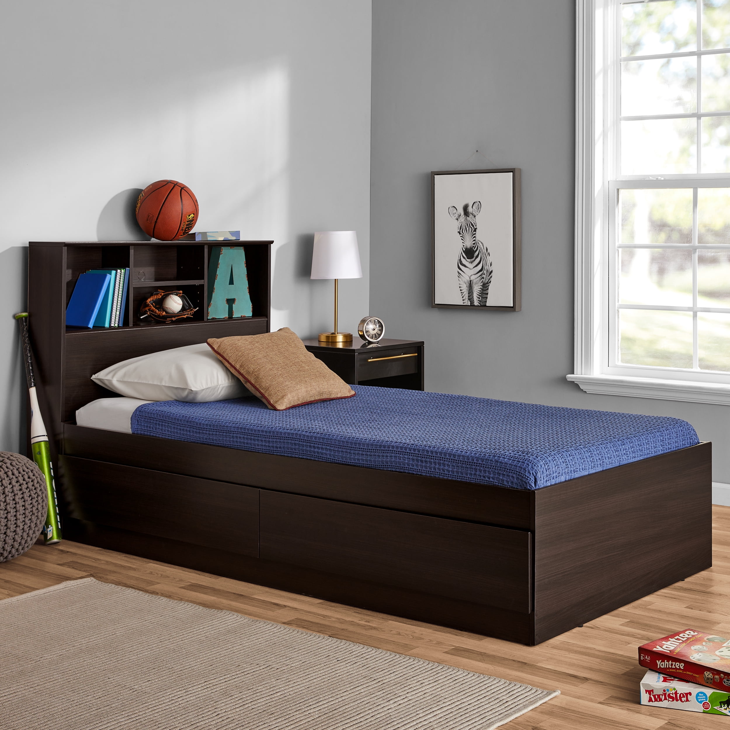 Your Zone Easy to Assemble Storage Bed with Bookcase Headboard, Twin, Espresso Finish - Walmart.com