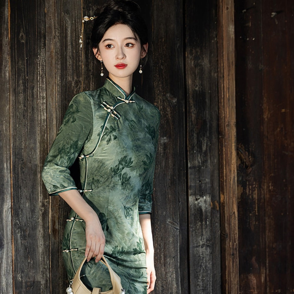 Yourqipao 2024 Autumn New Milk Silk Flocking Tie-dye Retro Long Daily ...