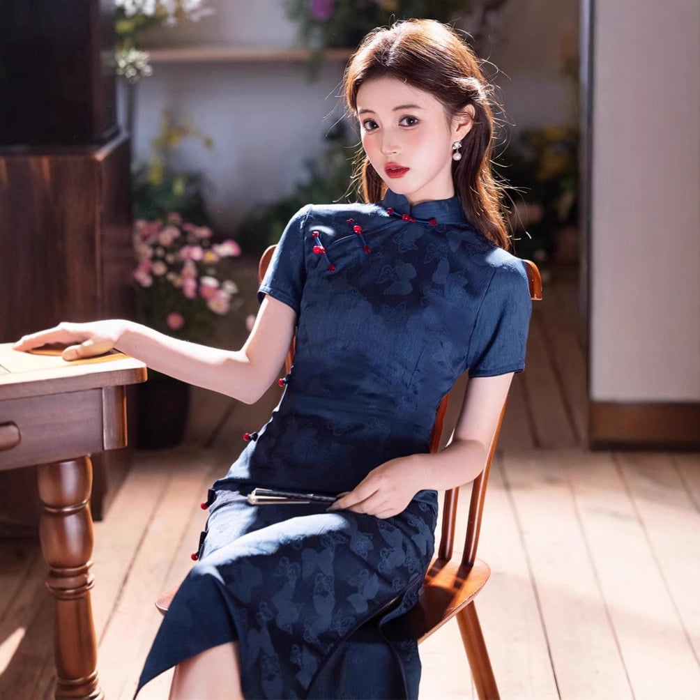 Yourqipao 2025 Summer Blue Jacquard Asian Clothing Cheongsam Retro ...