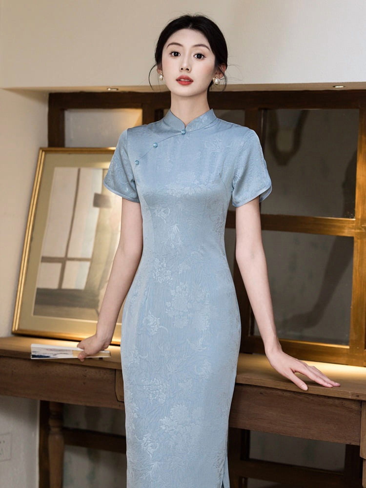 Yourqipao Elegant Blue Chinese Cheongsam Long Qipao Evening Dress ...