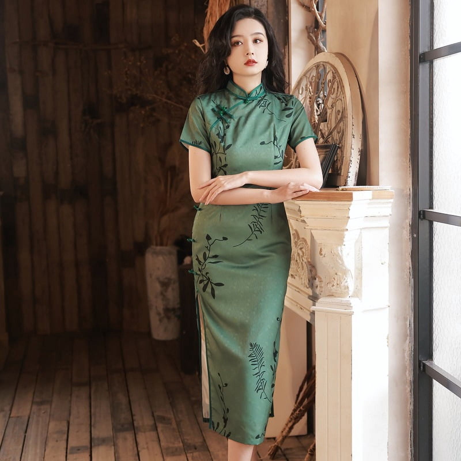 Yourqipao Summer 2025 Long Green Chiffon Cheongsam Chinese Traditional ...