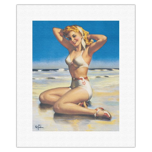 Yours For The Basking Blonde Swimsuit Beauty On Beach Vintage Pin