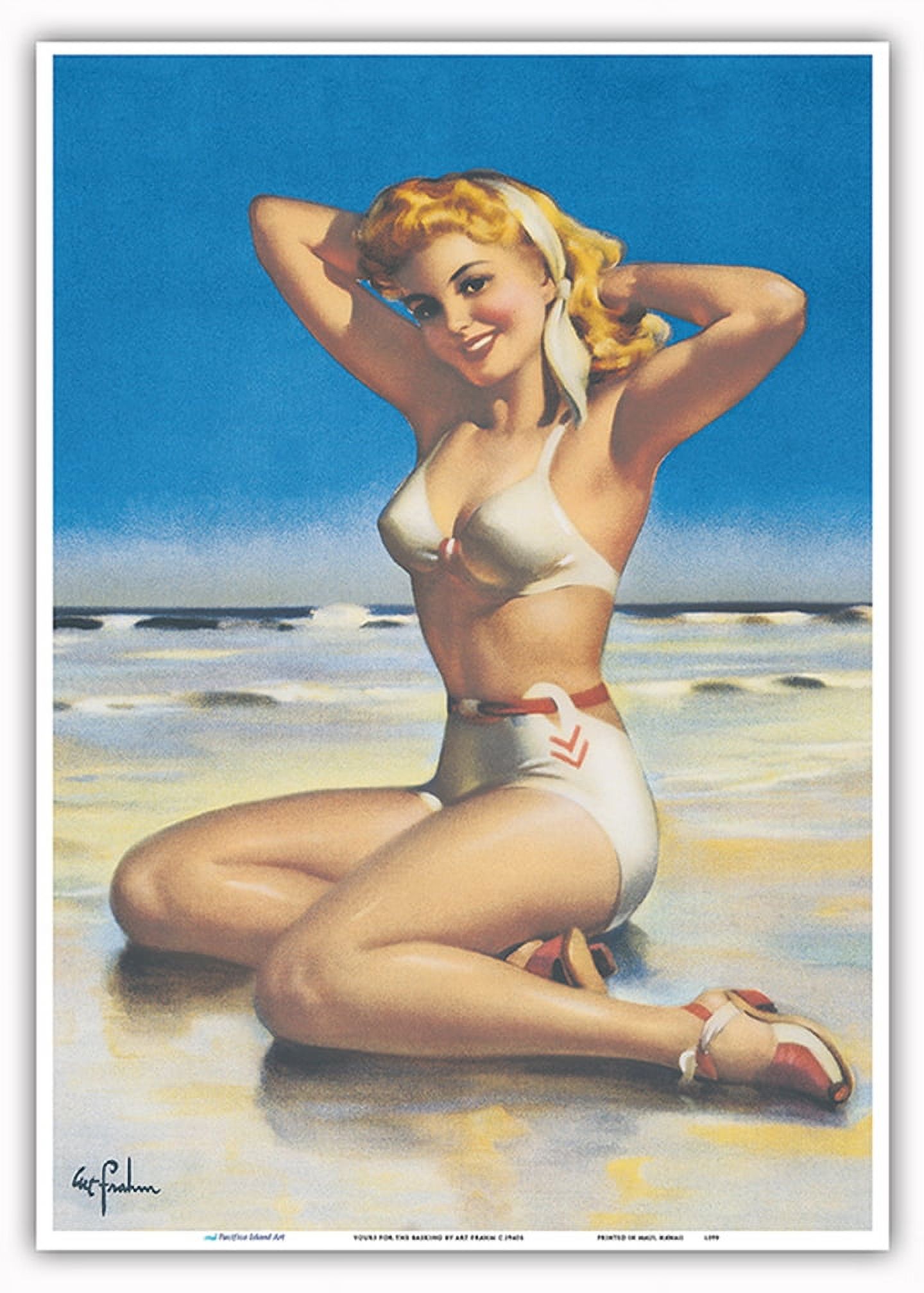 Yours For the Basking - Blonde Swimsuit Beauty on Beach - Vintage Pin Up Girl Print by Art Frahm ...