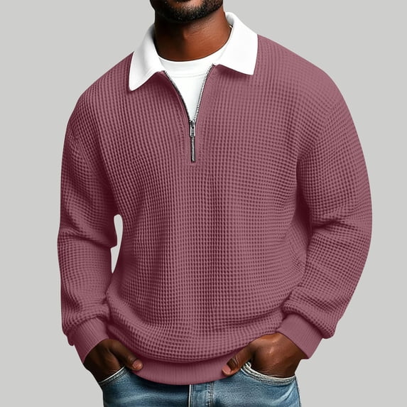 Yourumao Mens Waffle Knit Tops Quarter Zip Lapel Collar Sweaters Loose ...