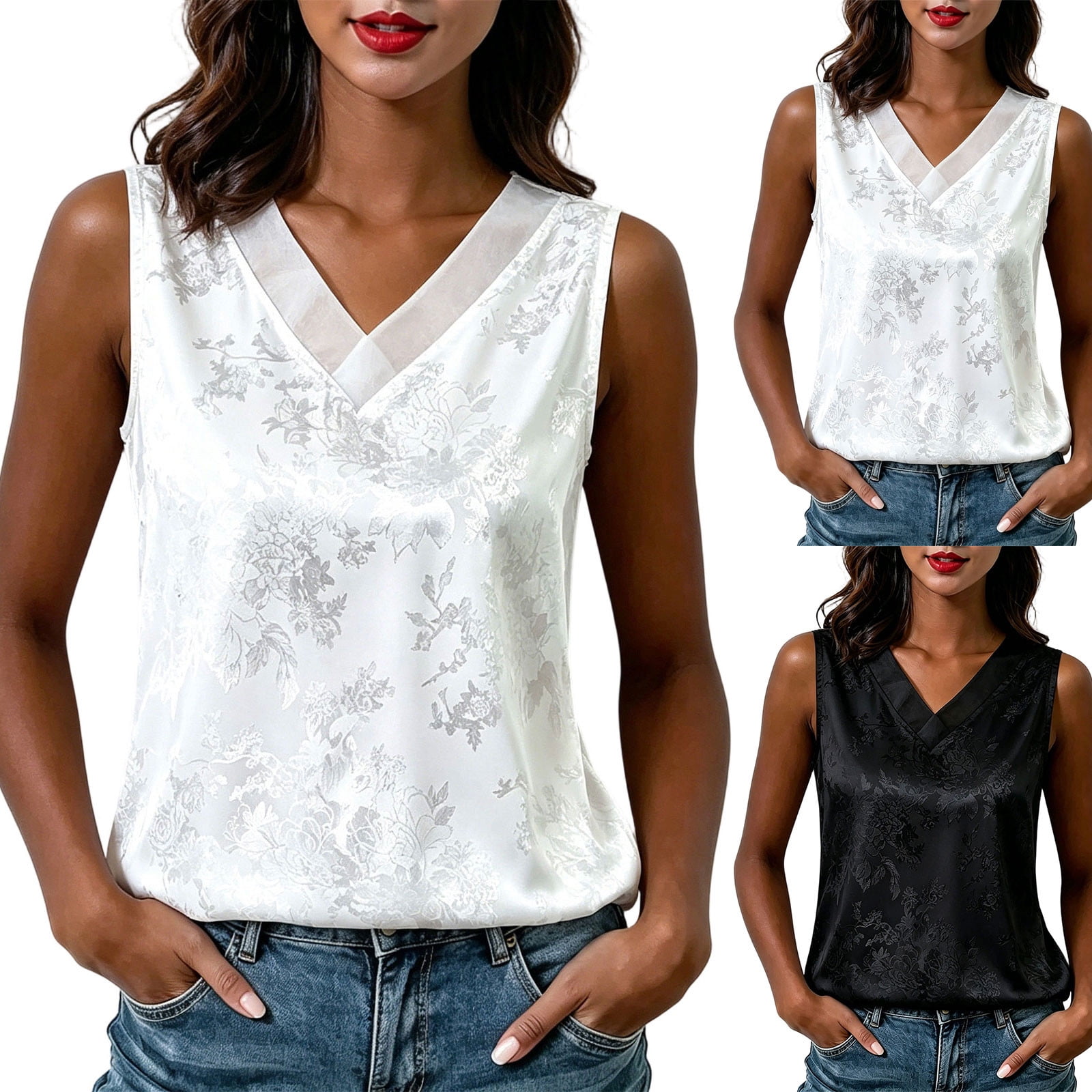 Yourumao Satin Tank Top for Women with Mesh Patch V Neck Dressy Casual ...