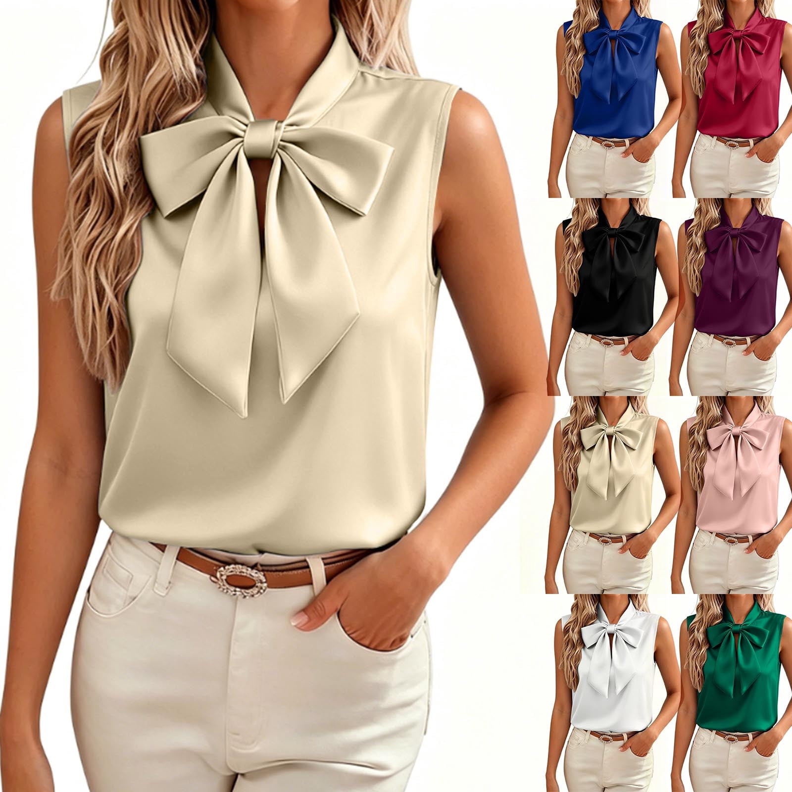 Yourumao Satin Tank Tops for Women Bow Tie Neck Sleeveless Blouse for ...