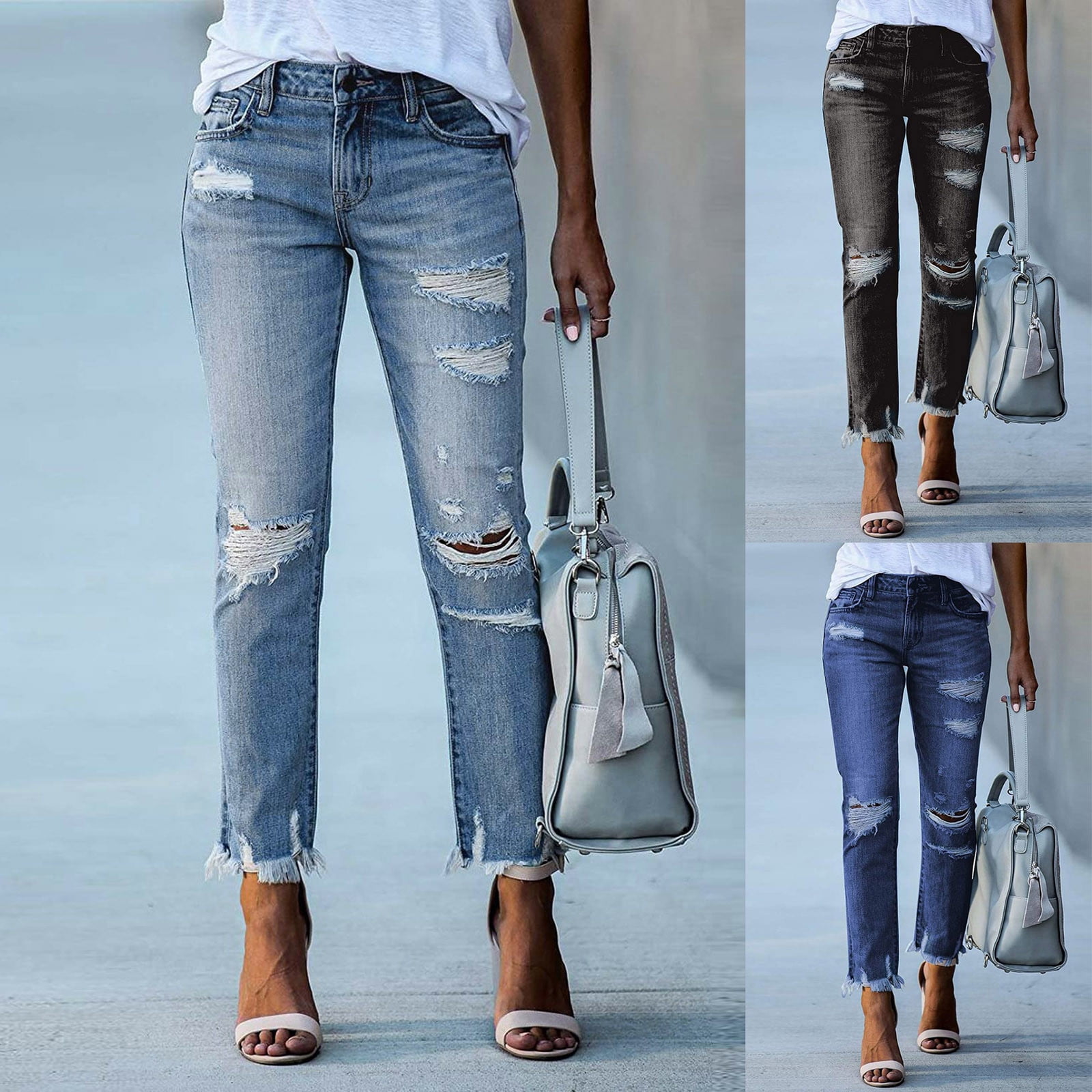 Yourumao Womens Ripped Straight Leg Jeans Wash Elastic Waisted Jeans ...