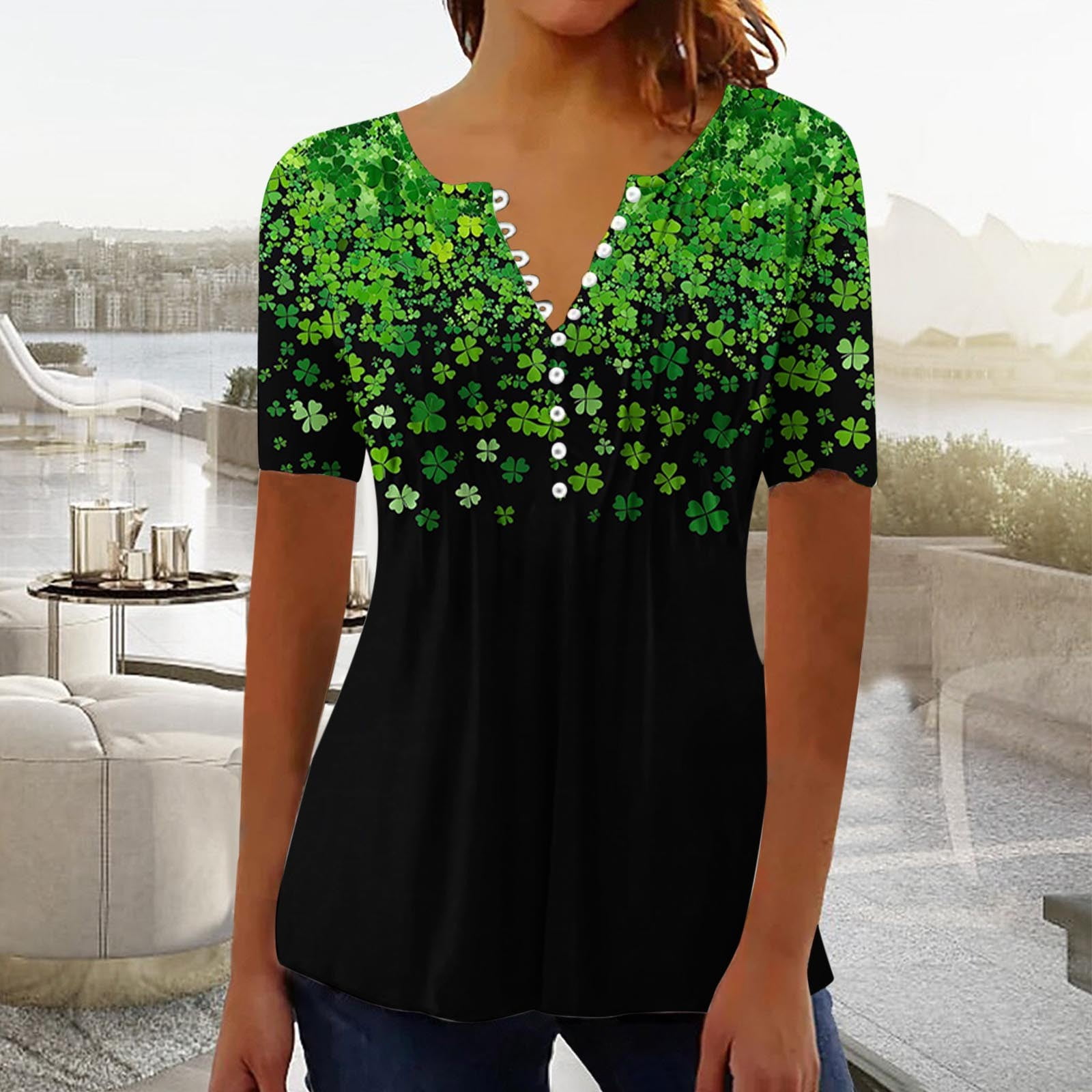 Yourumao Womens St Patricks Tunics Clover Hide Belly Button Up Henley ...