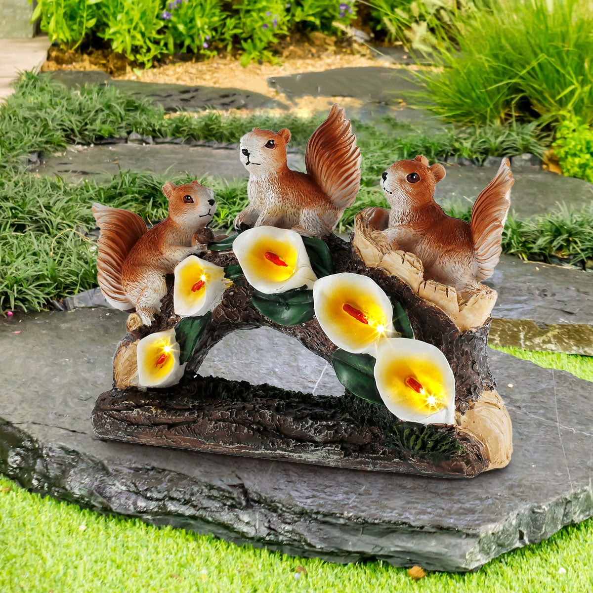 Yous Auto Flocked Garden Squirrel Ornaments with Solar Powered Lights ...
