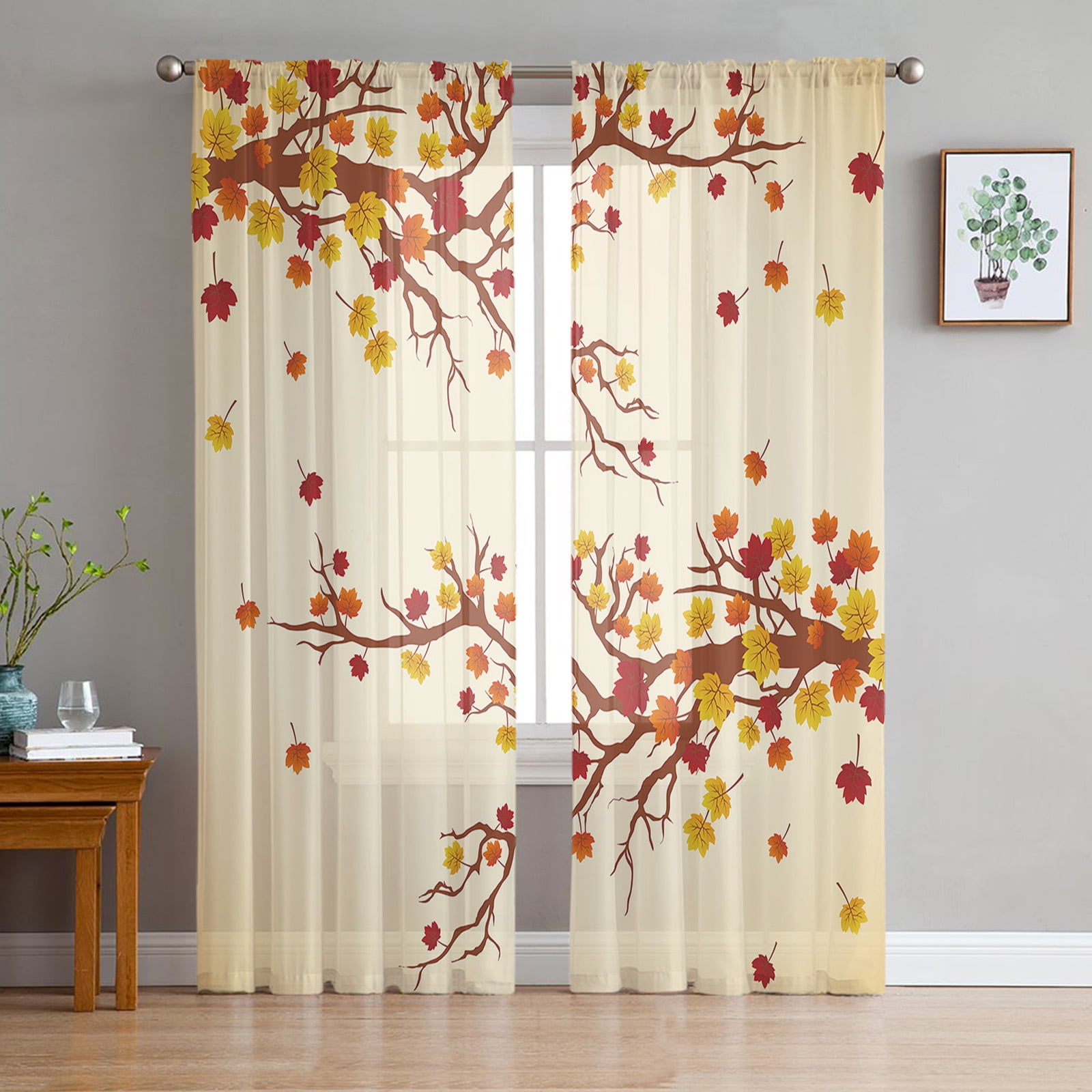 Youth Bedroom Sheer Curtains Maple Leaf Falling Yellow Kitchen Study ...