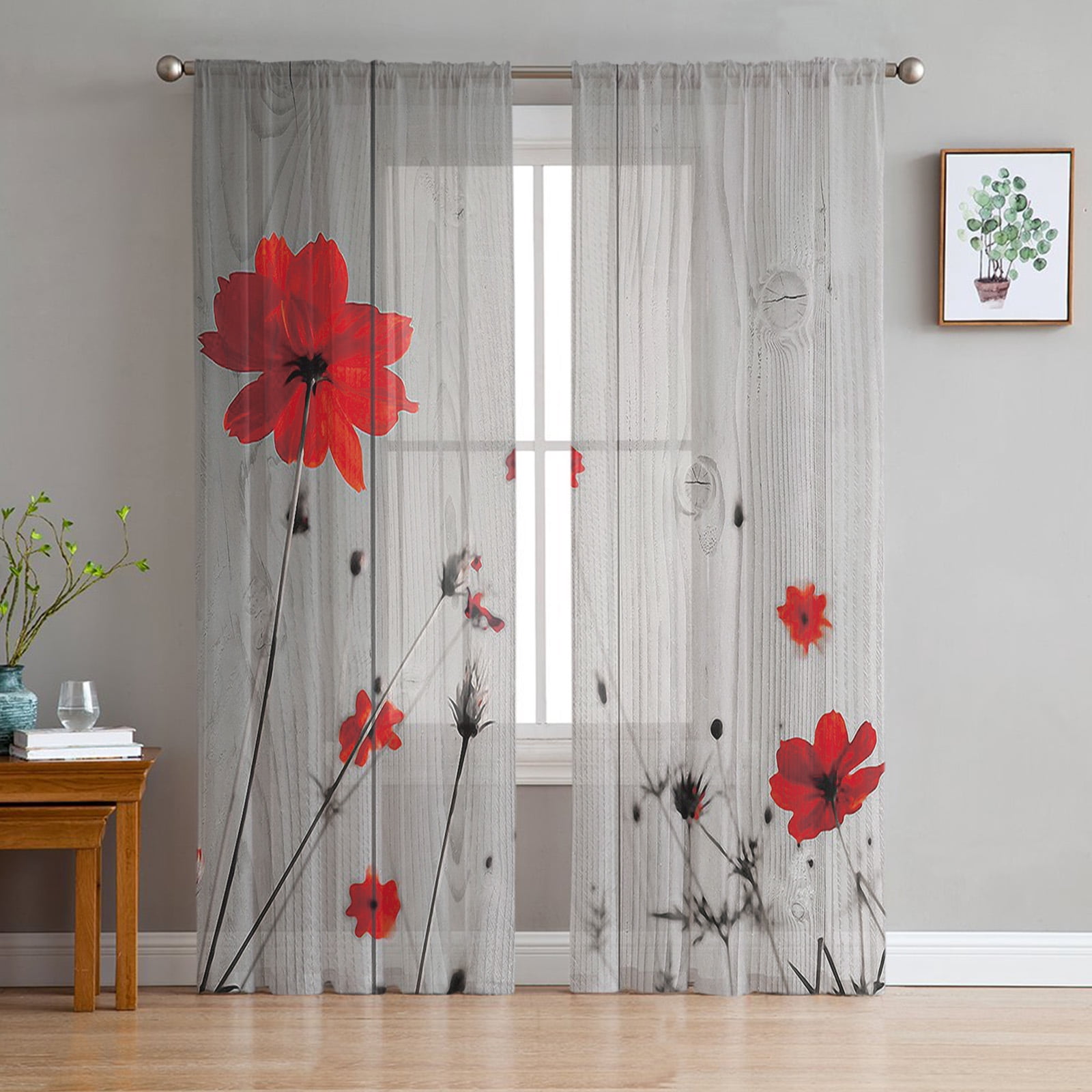 Youth Bedroom Sheer Curtains Retro Wood Grain Red Poppies Kitchen Study ...