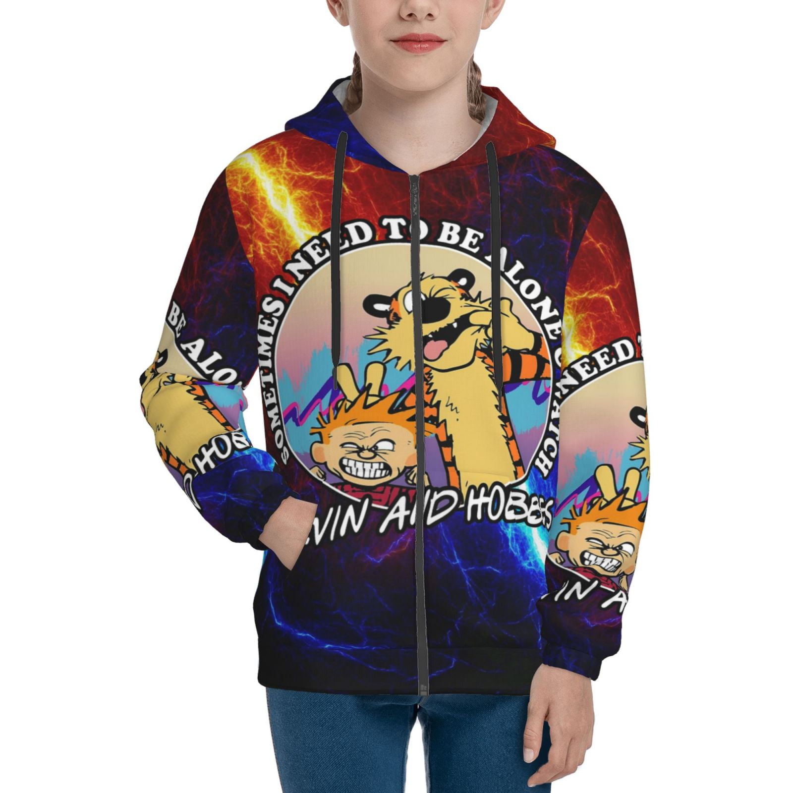 Youth Calvin And Hobbe Hoodies Casual Daily Basic Zip Up Hoodie With ...