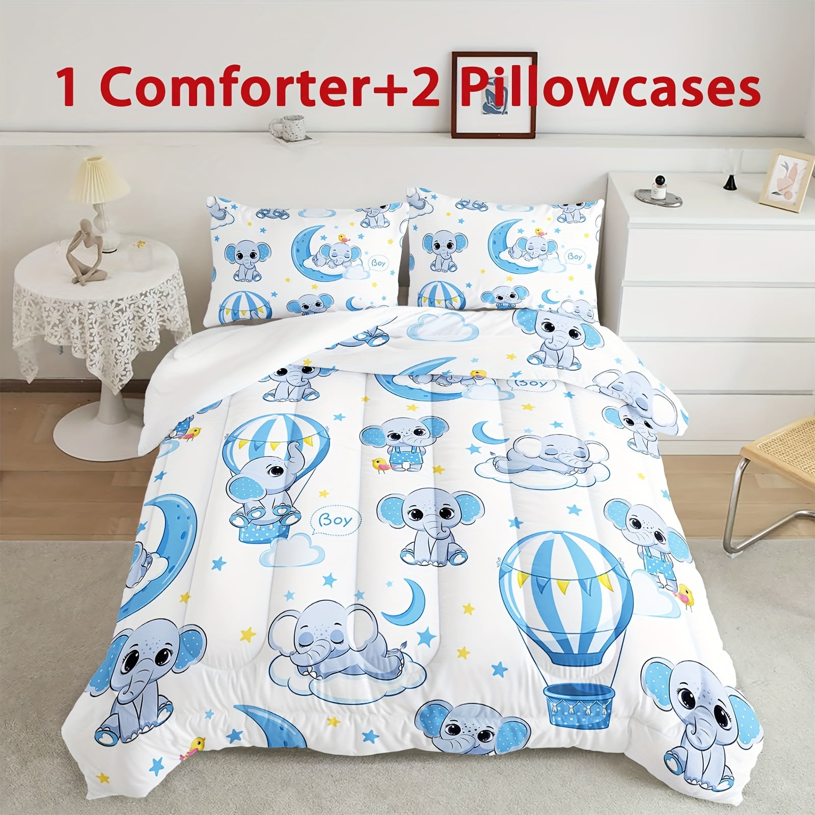 Youth Elephant Bedding 3-Piece Comforter Set Fun Designs Sun Clouds ...