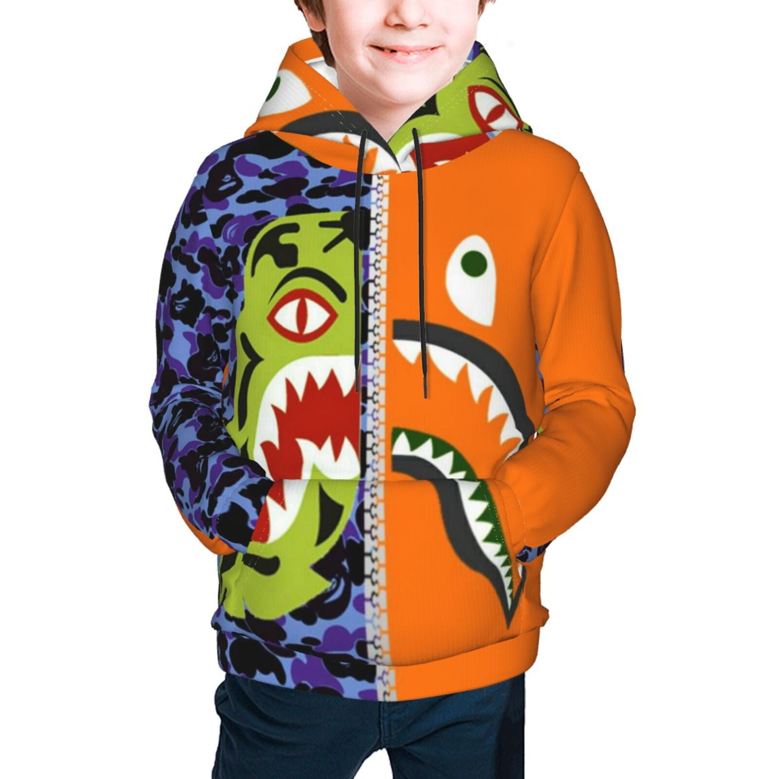 Youth Hoodies Bape Face Shark 3D Printing Boys And Girls Pullover ...