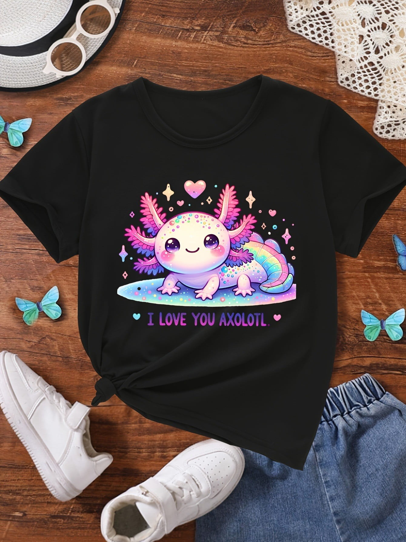 Youth "I Love You Axolotl" Print T-Shirt - Cute Cartoon Salamander ...