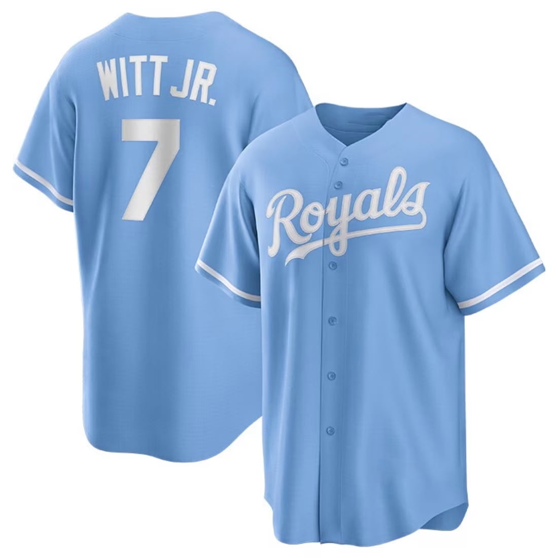 Youth Kan_sas City Witt Jr. 7 Light Blue Replica Stitched Player T ...