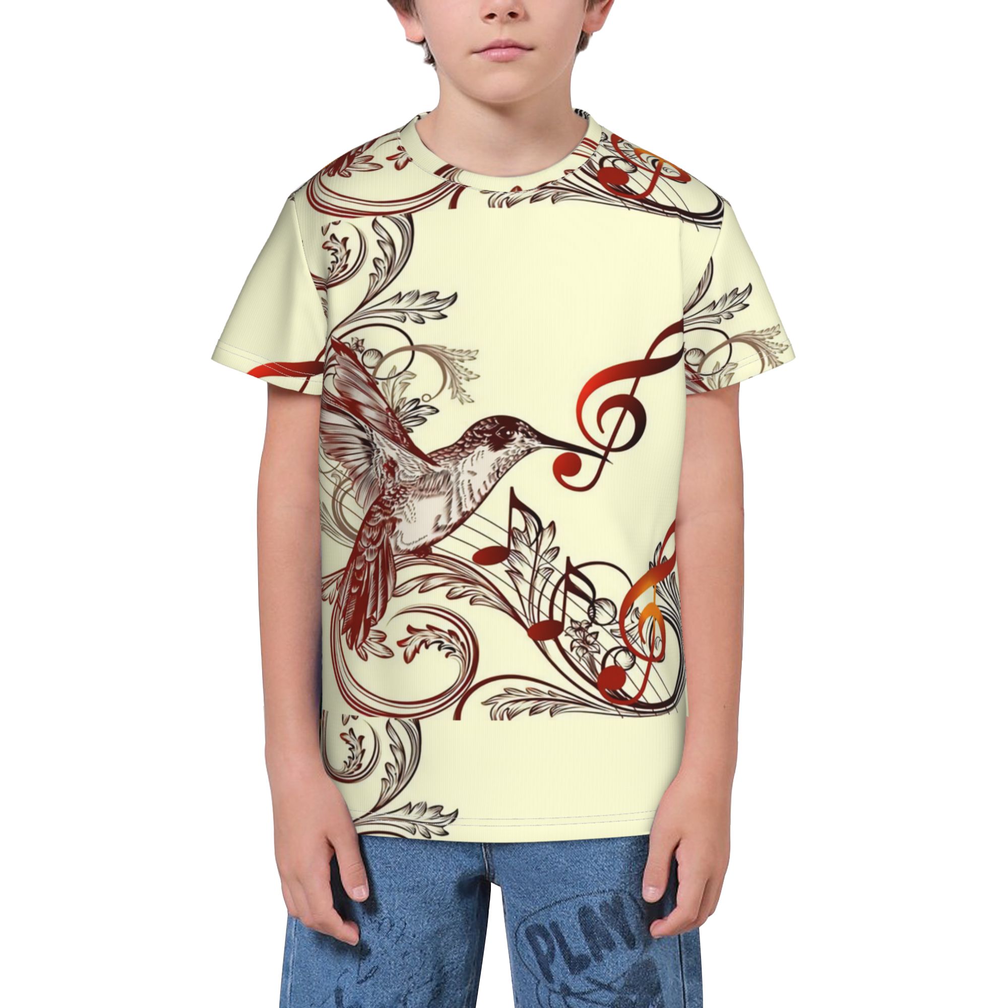 Youth Kids T-Shirt Flying Bird And Music Notes Clef Five Line Staff ...