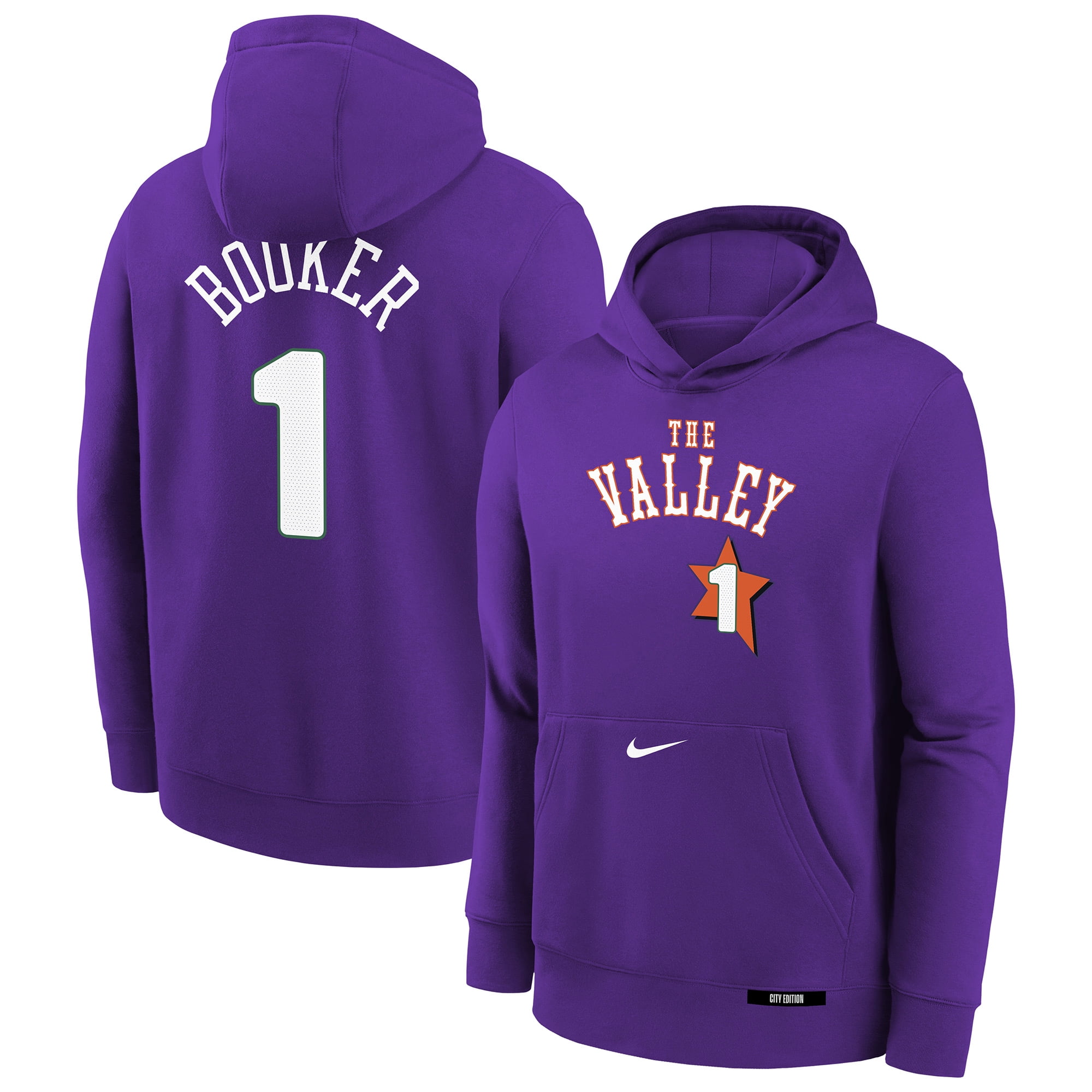 Youth Nike Devin Booker Purple Phoenix Suns 2024/25 City Edition Name & Number Pullover Hoodie ...