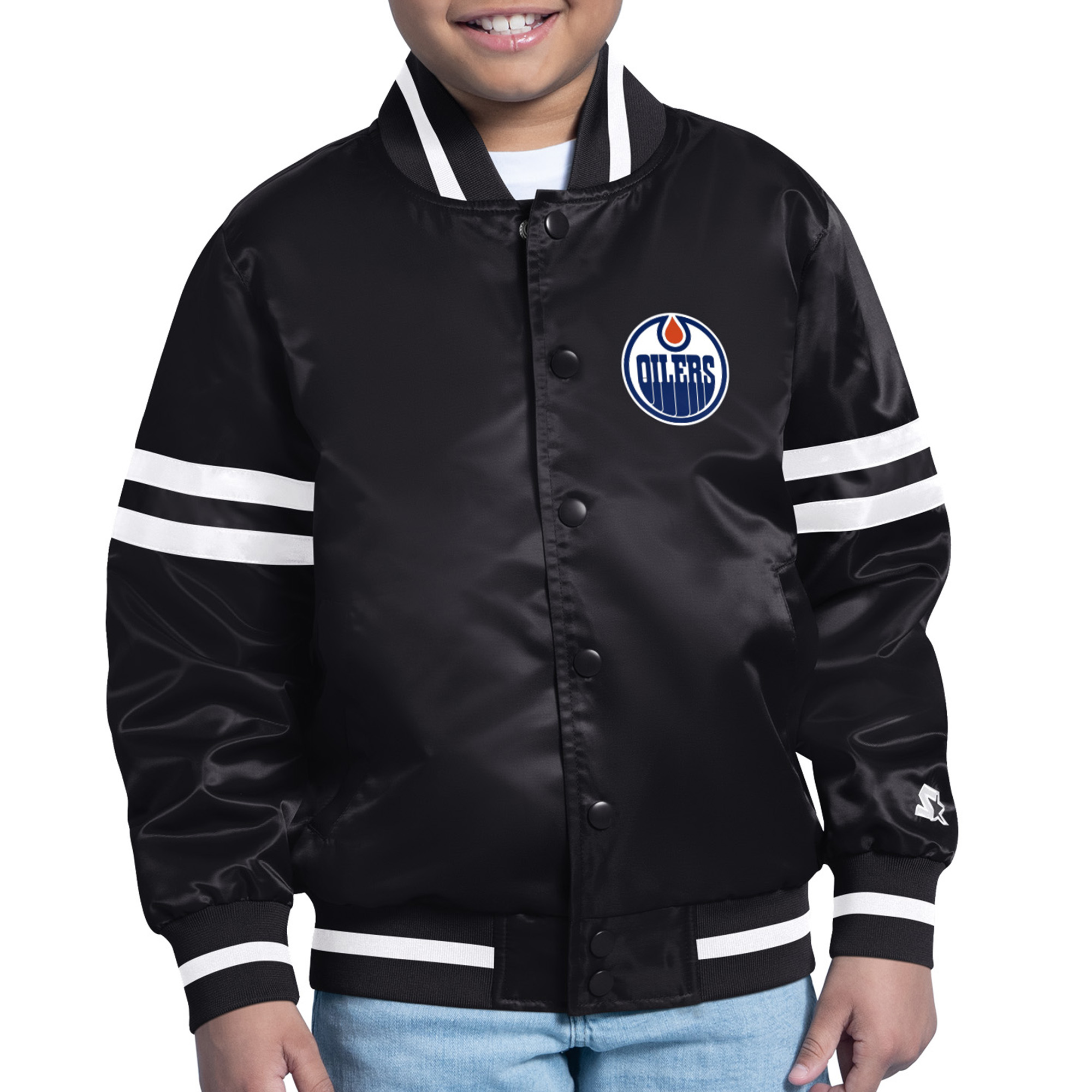 Youth Starter Black Edmonton Oilers Printed Team Logo Satin Varsity ...
