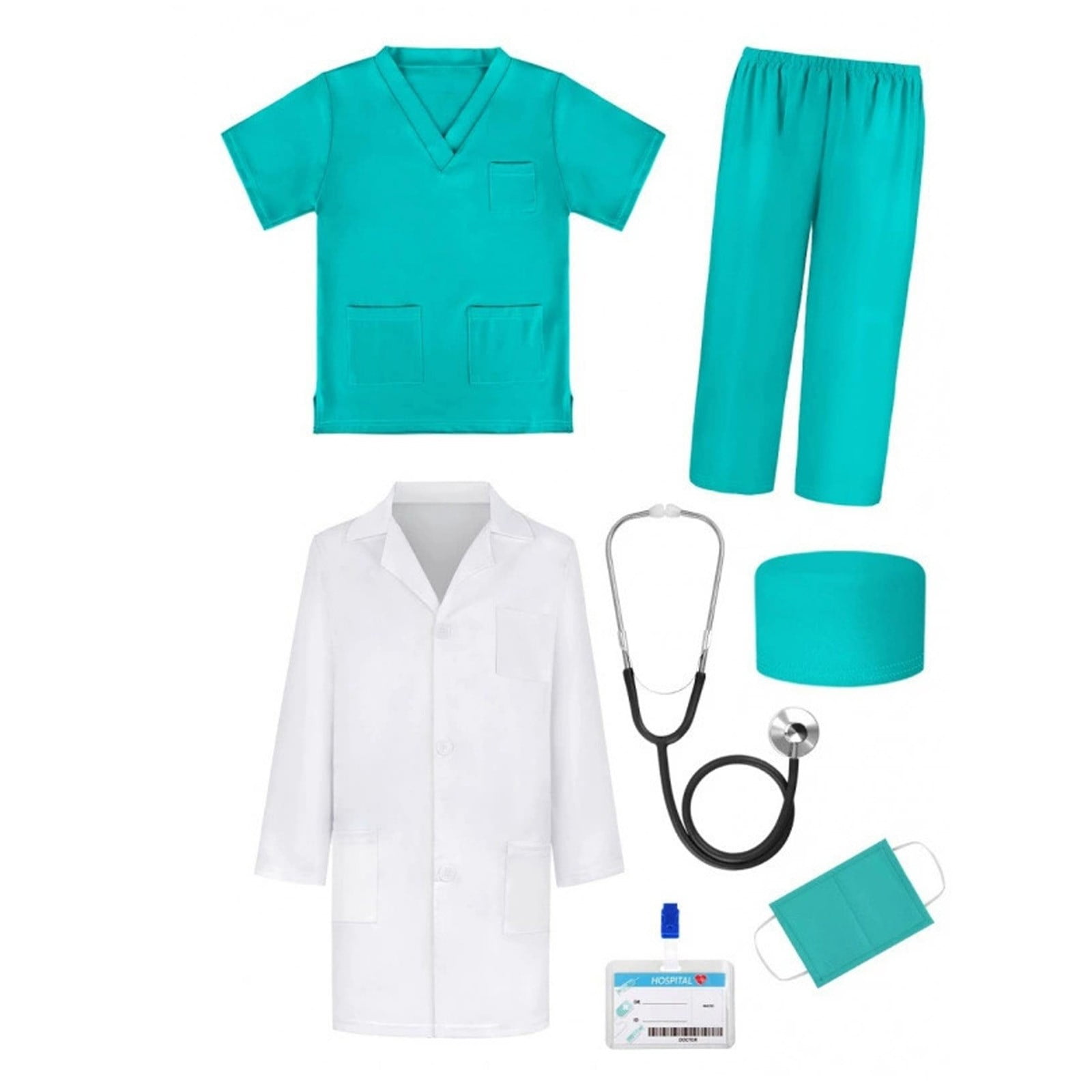 Youth White Medical Outfit Set with Blue Scrubs, Stethoscope, Mask, and ...