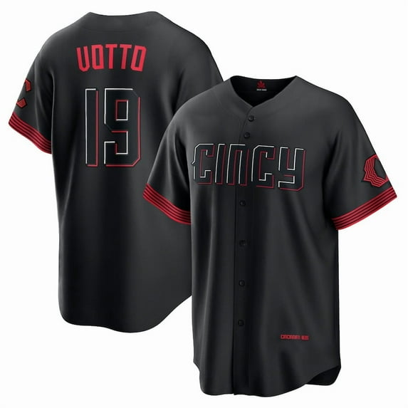 Youth top Black #19 Votto Button Short Sleeve Fan Essential for Daily ...