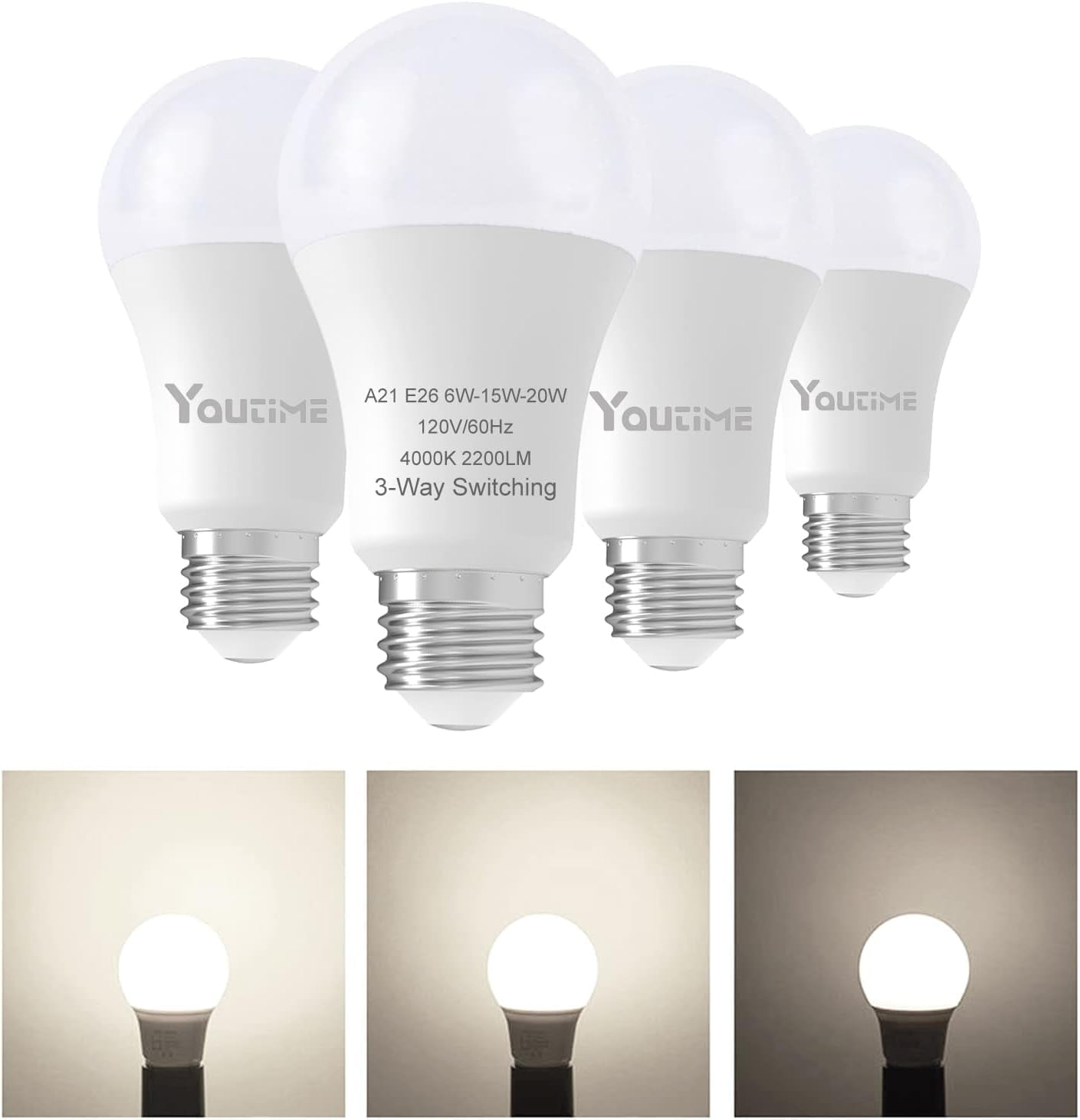 Youtime 3 Way LED Light Bulbs, 50 100 150 Watt Equivalent, E26 Base, 4 ...