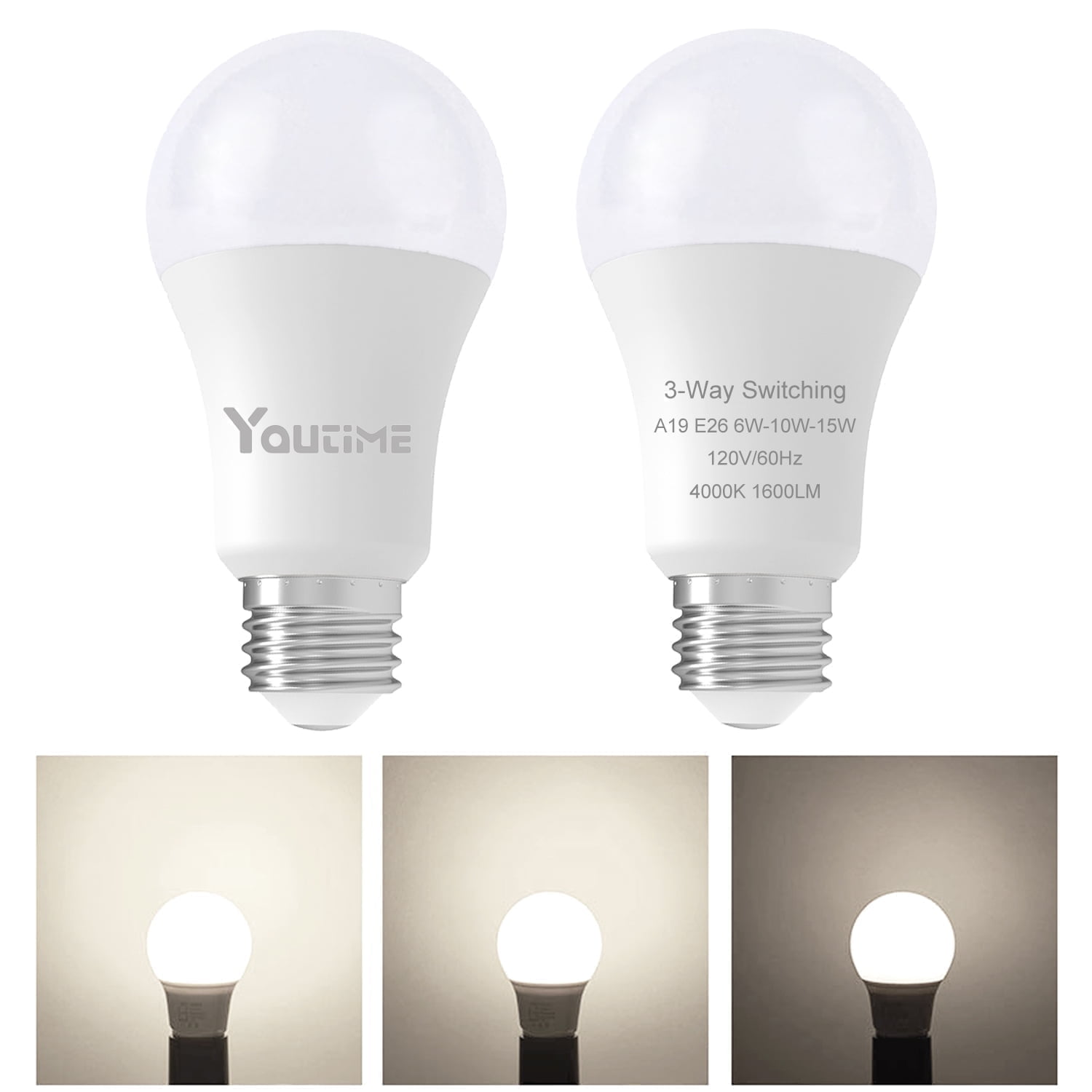 Youtime 3 Way LED Light Bulbs, 30-70-100W Equivalent, 4000K White, E26 ...