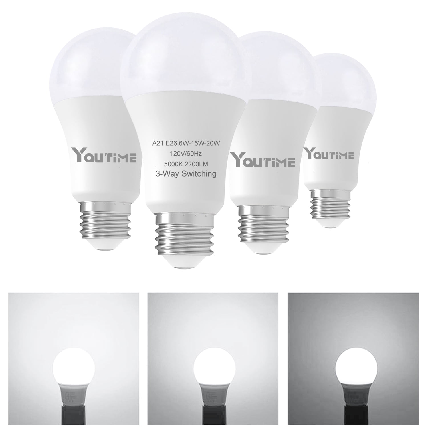 Youtime 3 Way led Light Bulbs 50 100 150 Watt Equivalent 5000K Daylight ...