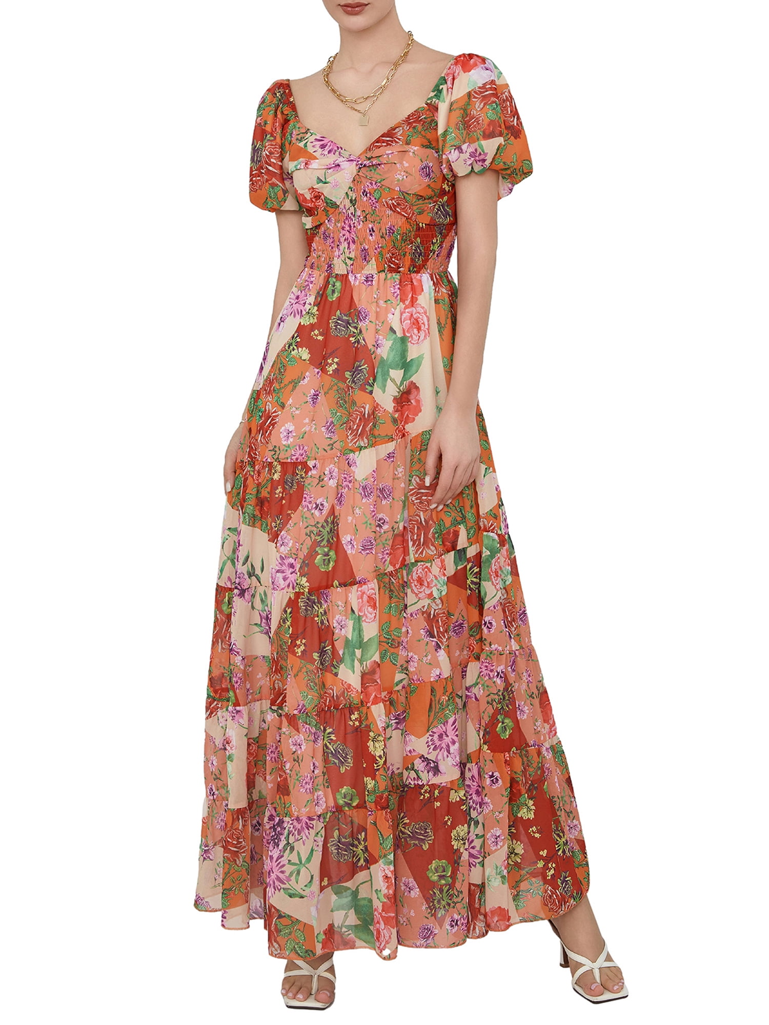 Youweixiong Boho Floral Puff Sleeve Dresses for Women Y2k Flowy Smocked Maxi Dress Square Neck ...