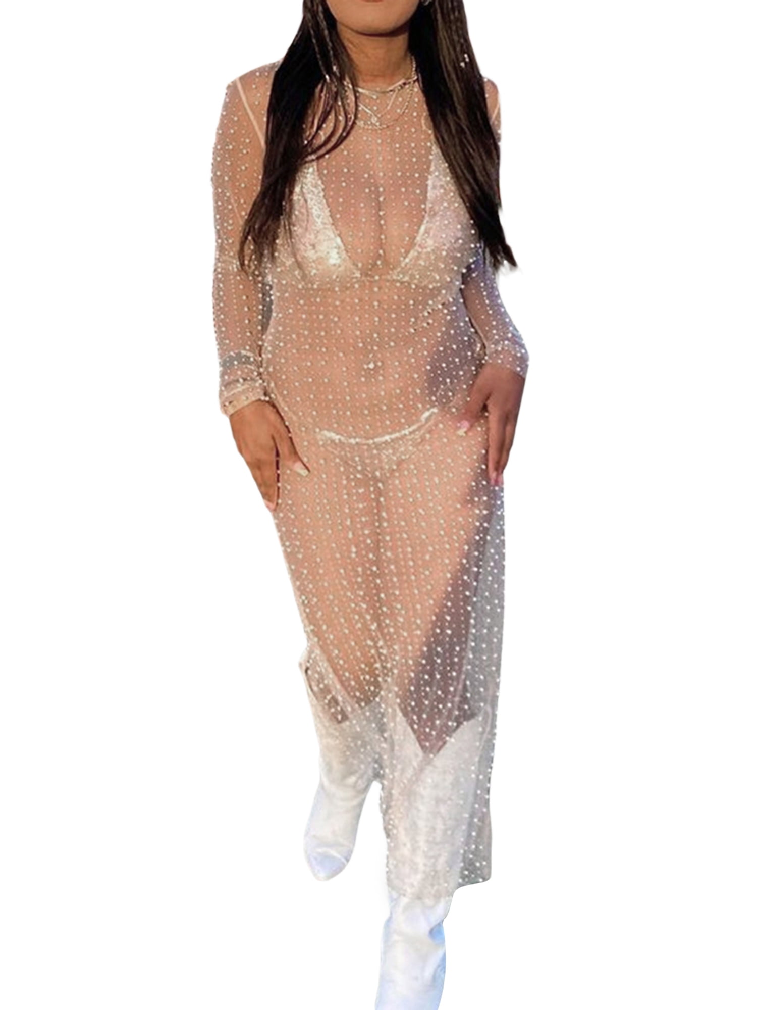 Youweixiong Women Sheer Mesh Pearl Rhinestone Cover Up Dress Sexy See